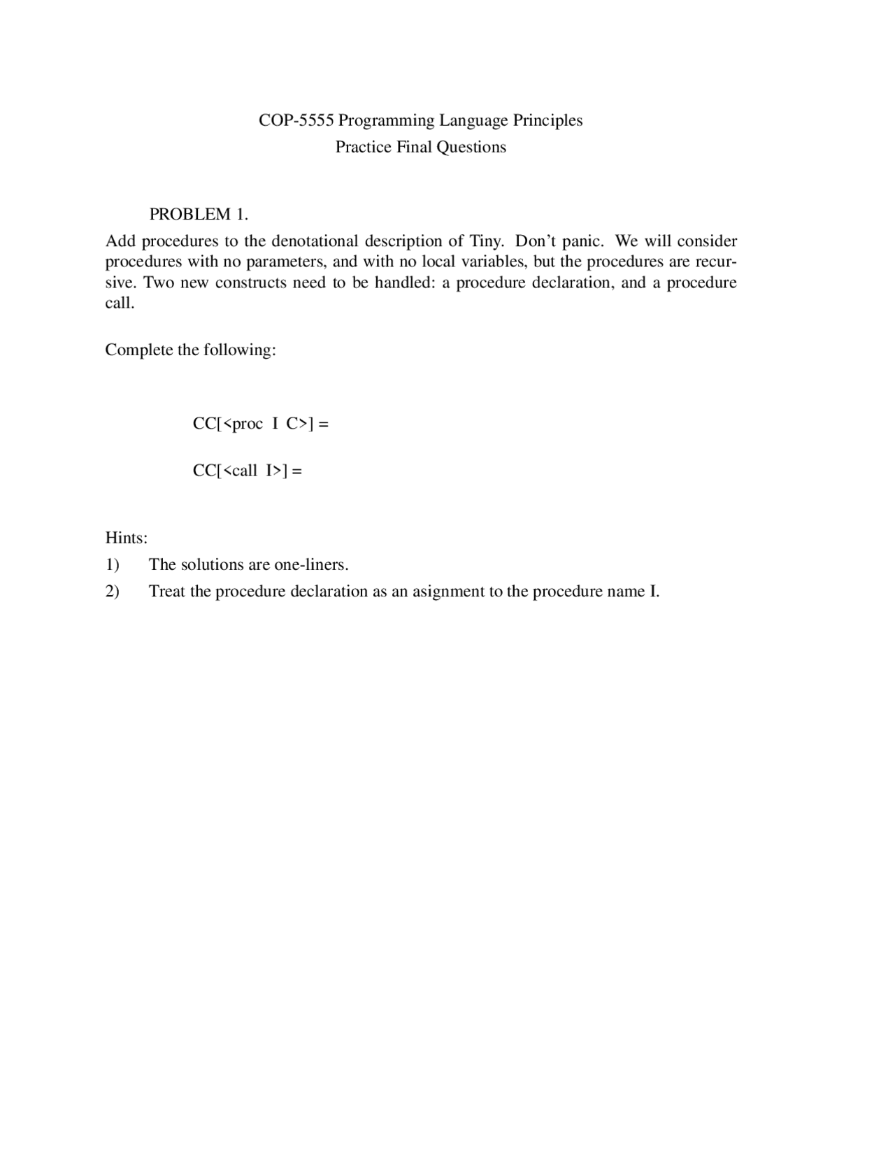 Practice Final Questions Programming Language Principles Cop 5555