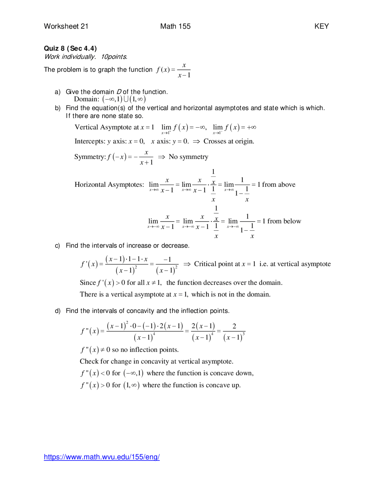Quiz 8 with Key for Calculus 1 | MATH 155 | Quizzes Calculus | Docsity