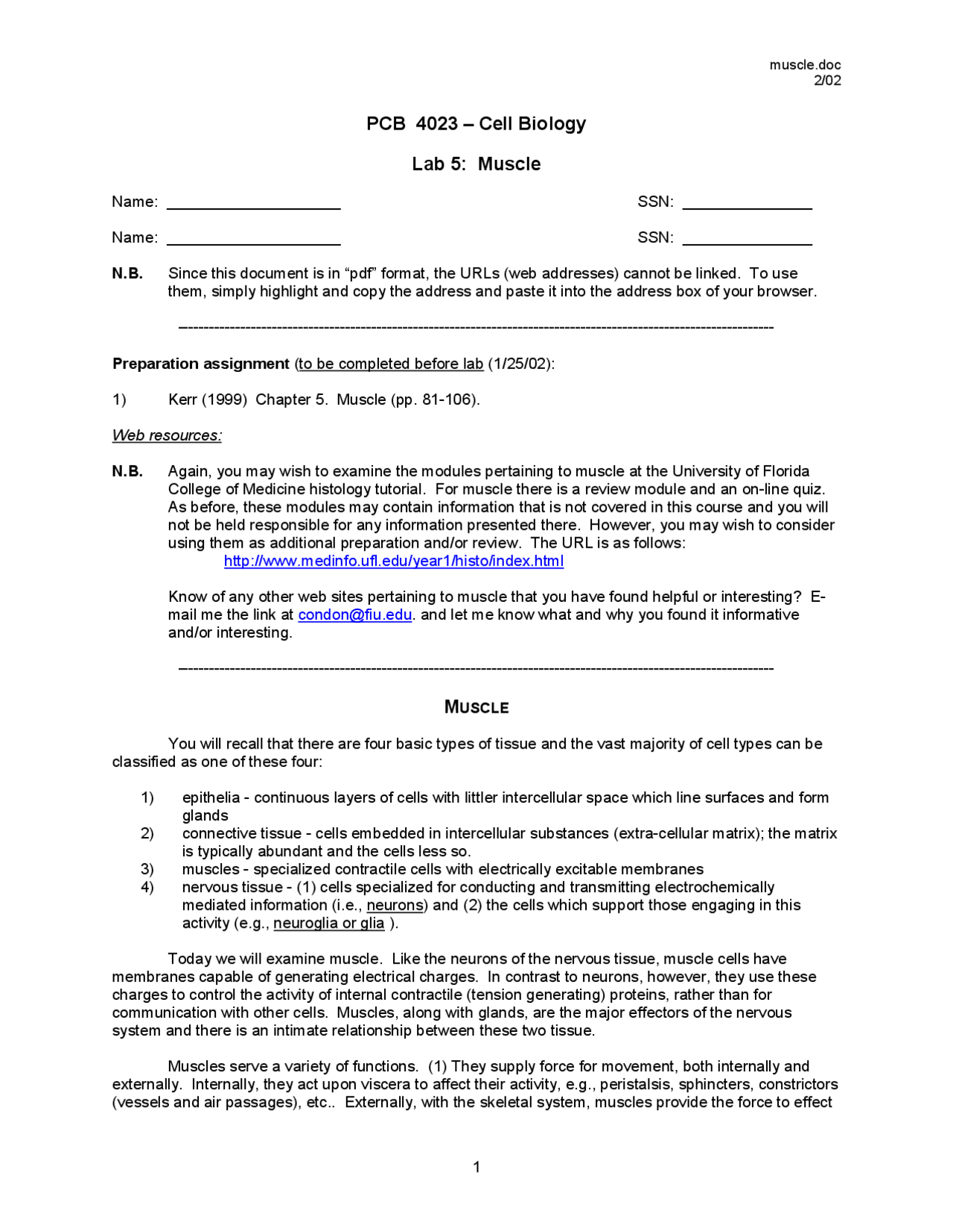 Muscle Lab 5 Assignment Cell Biology Pcb 4023 Docsity
