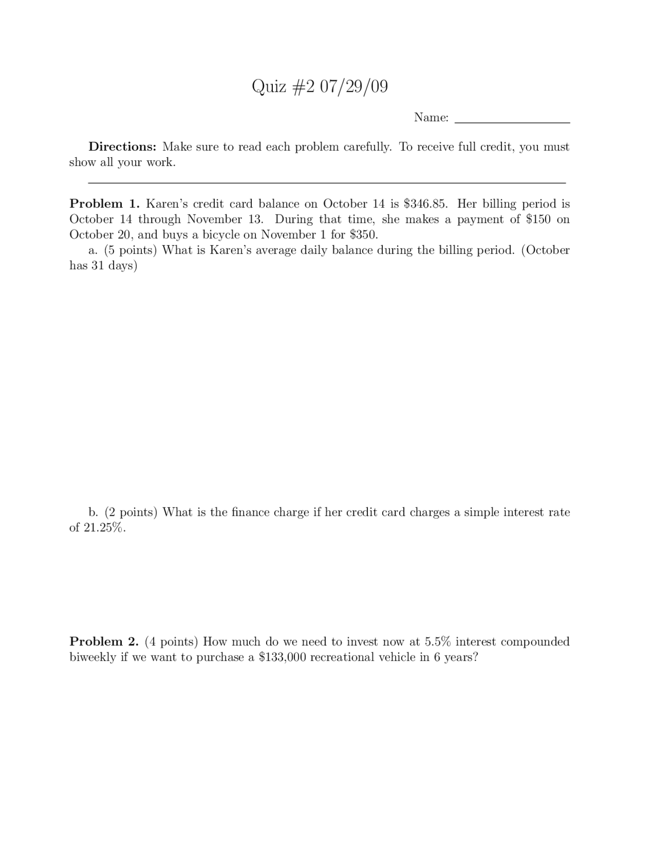 4 Problems for Quiz 2 - University Mathematics II | MATH 106 - Docsity