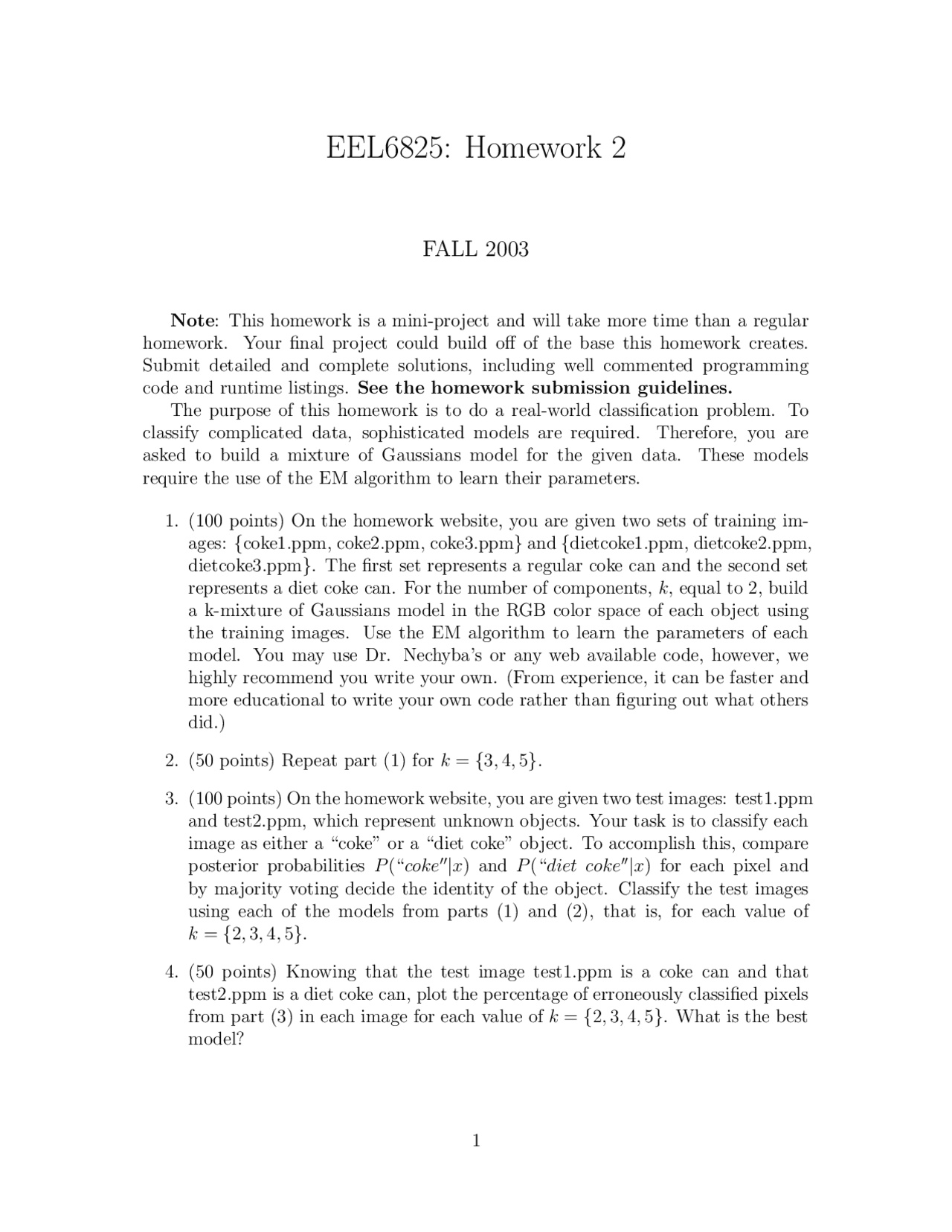 Homework 2 For Pattern Recognition Eel 6825 Docsity