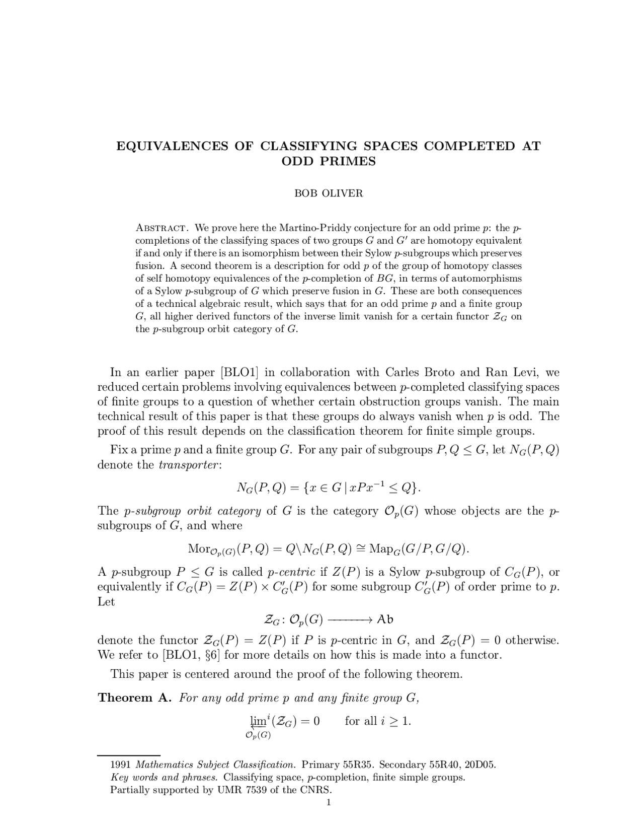 Equivalences Of Classifying Spaces Completed At Odd Primes Math M0070