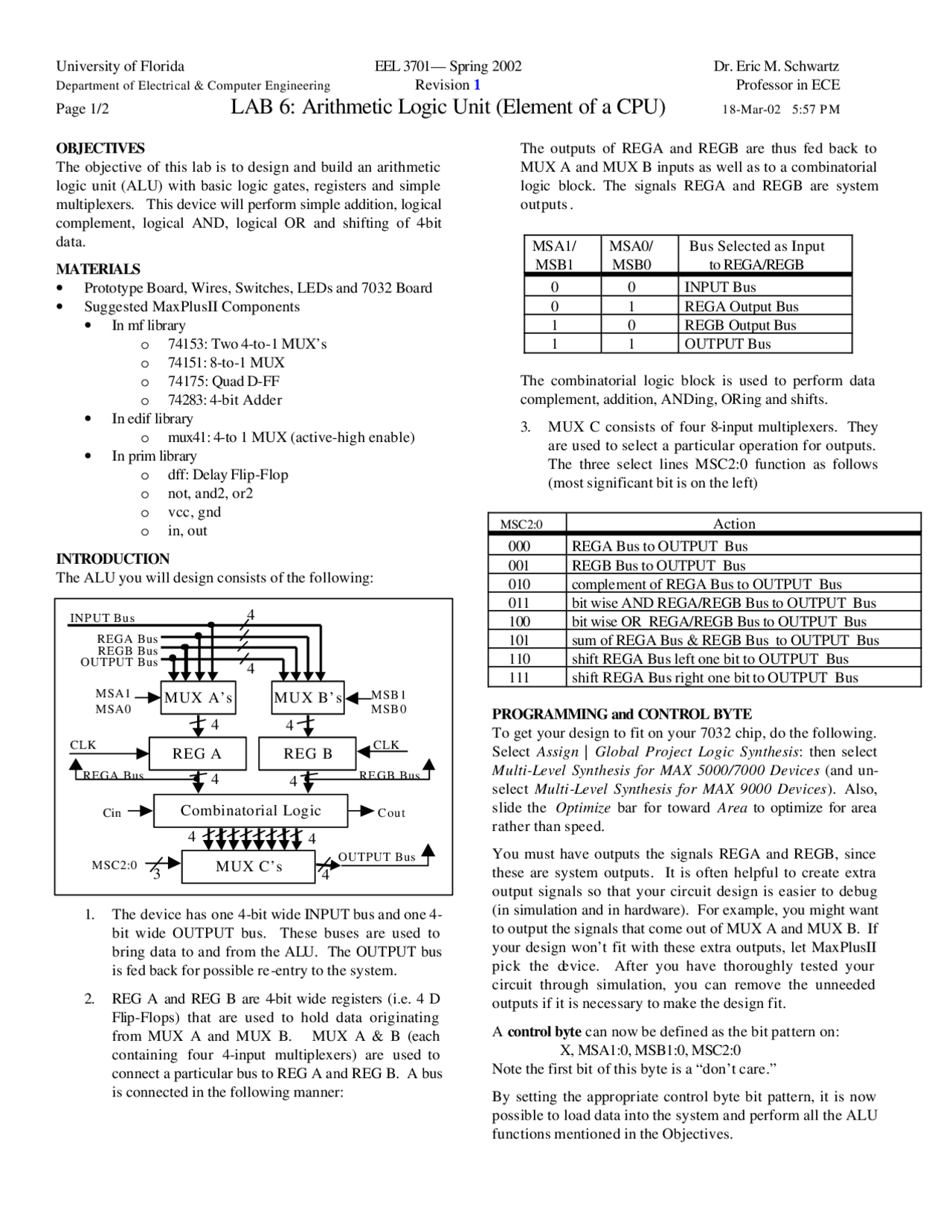 Arithmetic Logic Unit Or Element Of A Cpu Lab 6 Eel 3701 Docsity