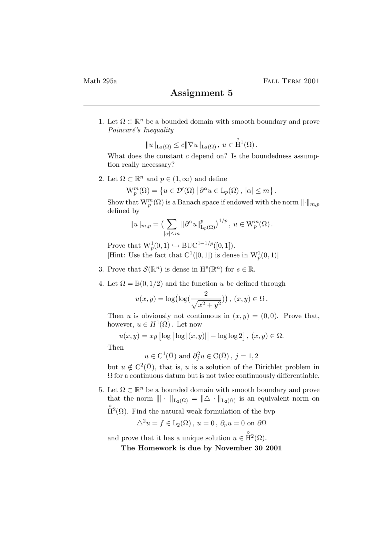 Assignment 5 Questions Partial Differential Equation Fall 2001