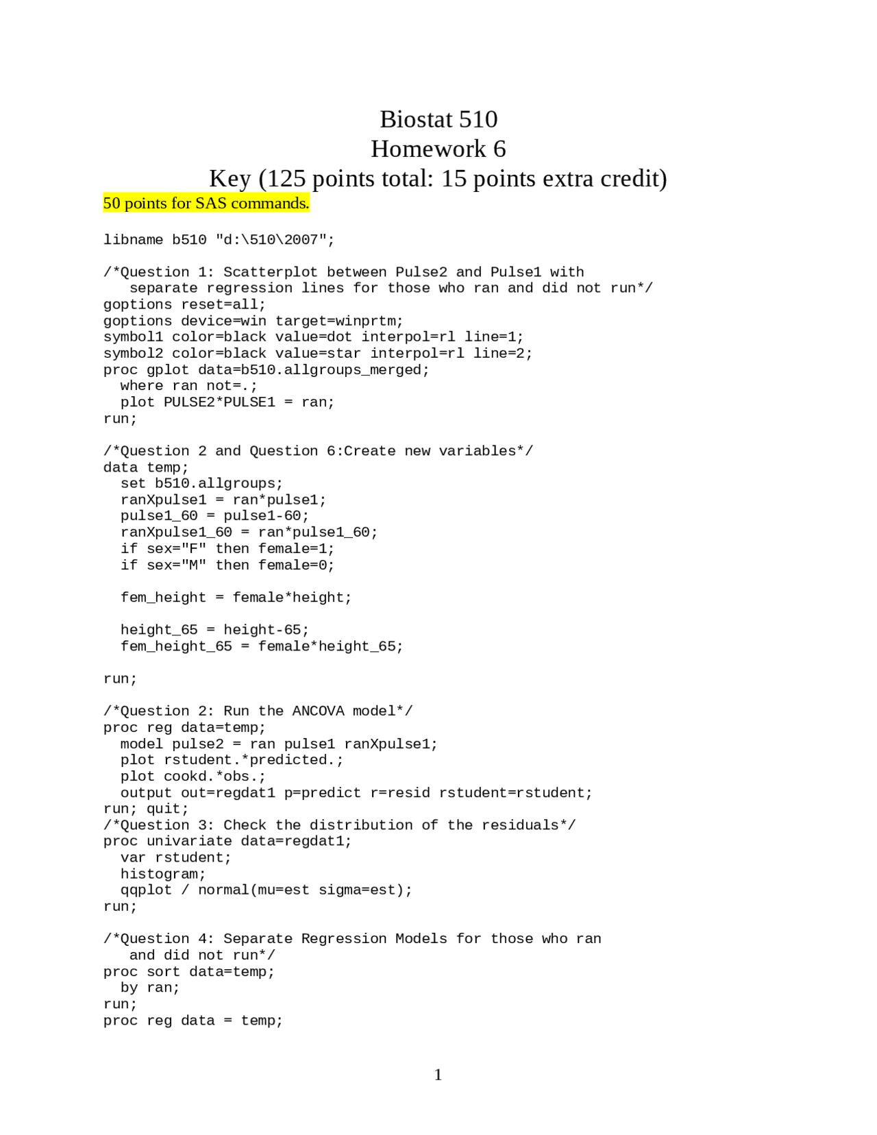 Solutions For Homework Six Statistical Computer Biostat 510 Docsity