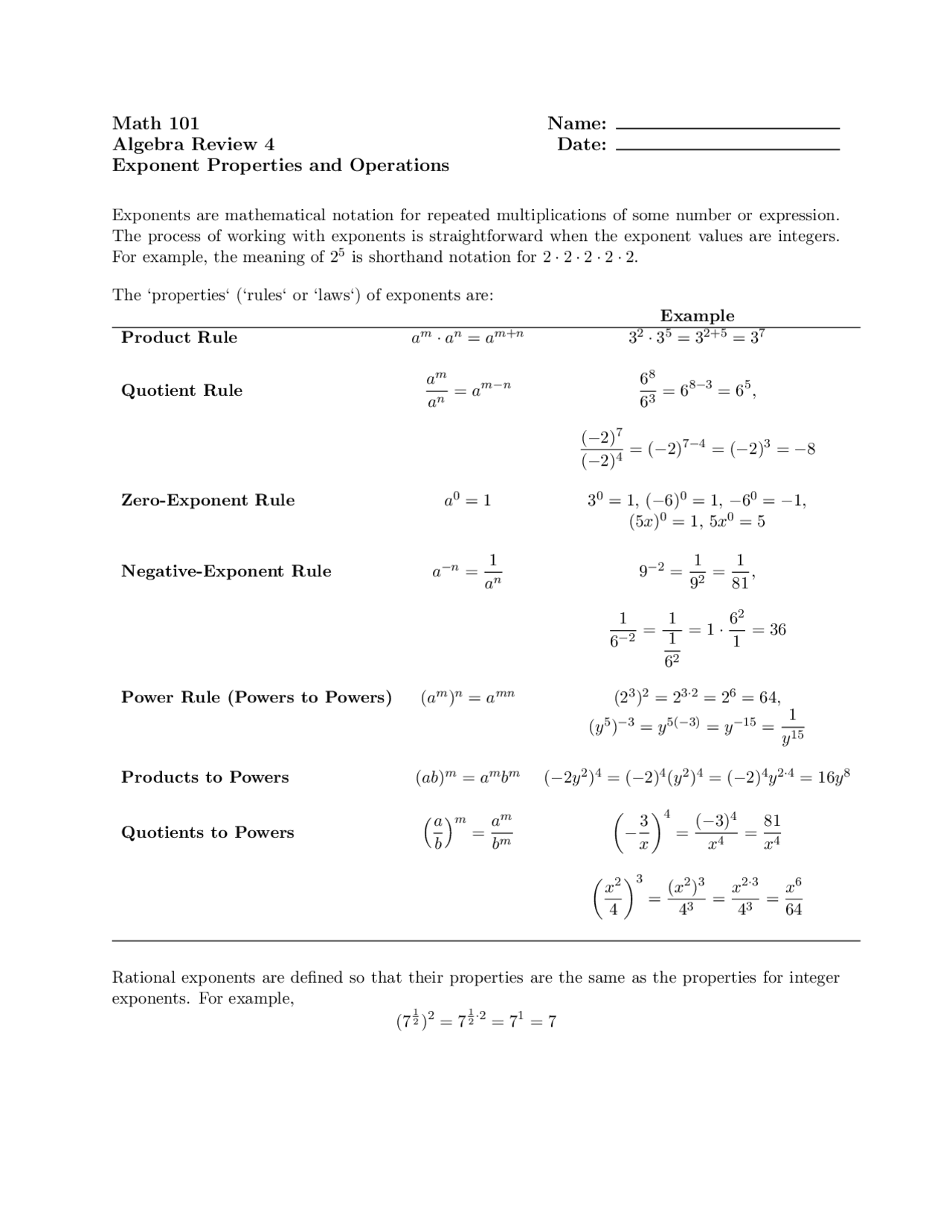 Review Sheet 4 for Algebra Exponent Properties and Operations | GINS ...