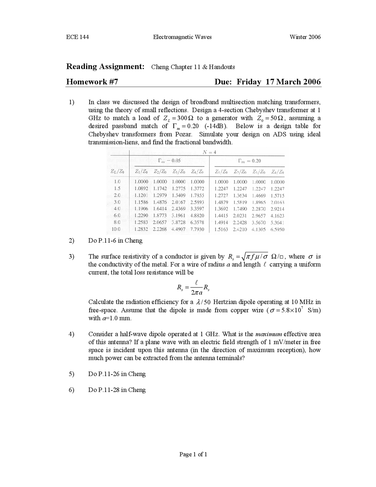 Electromagnetic Field And Waves Assignment 7 Winter 2006 Ece 144