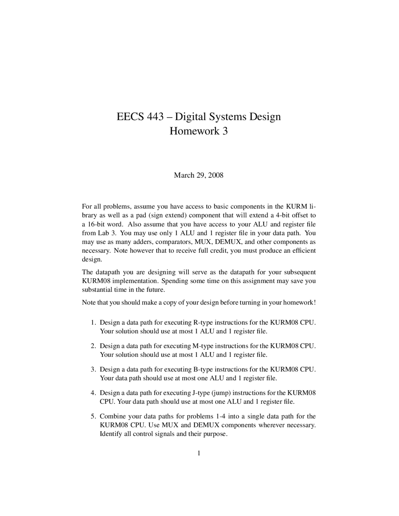 6 Practice Problems On Digital Systems Design Homework 3 Eecs 443 Docsity