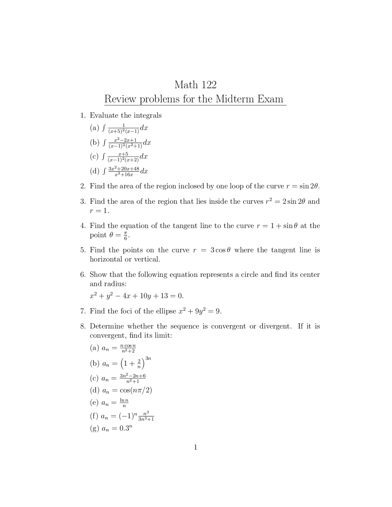 Math 122: Midterm Exam Review Problems | Exams Calculus | Docsity