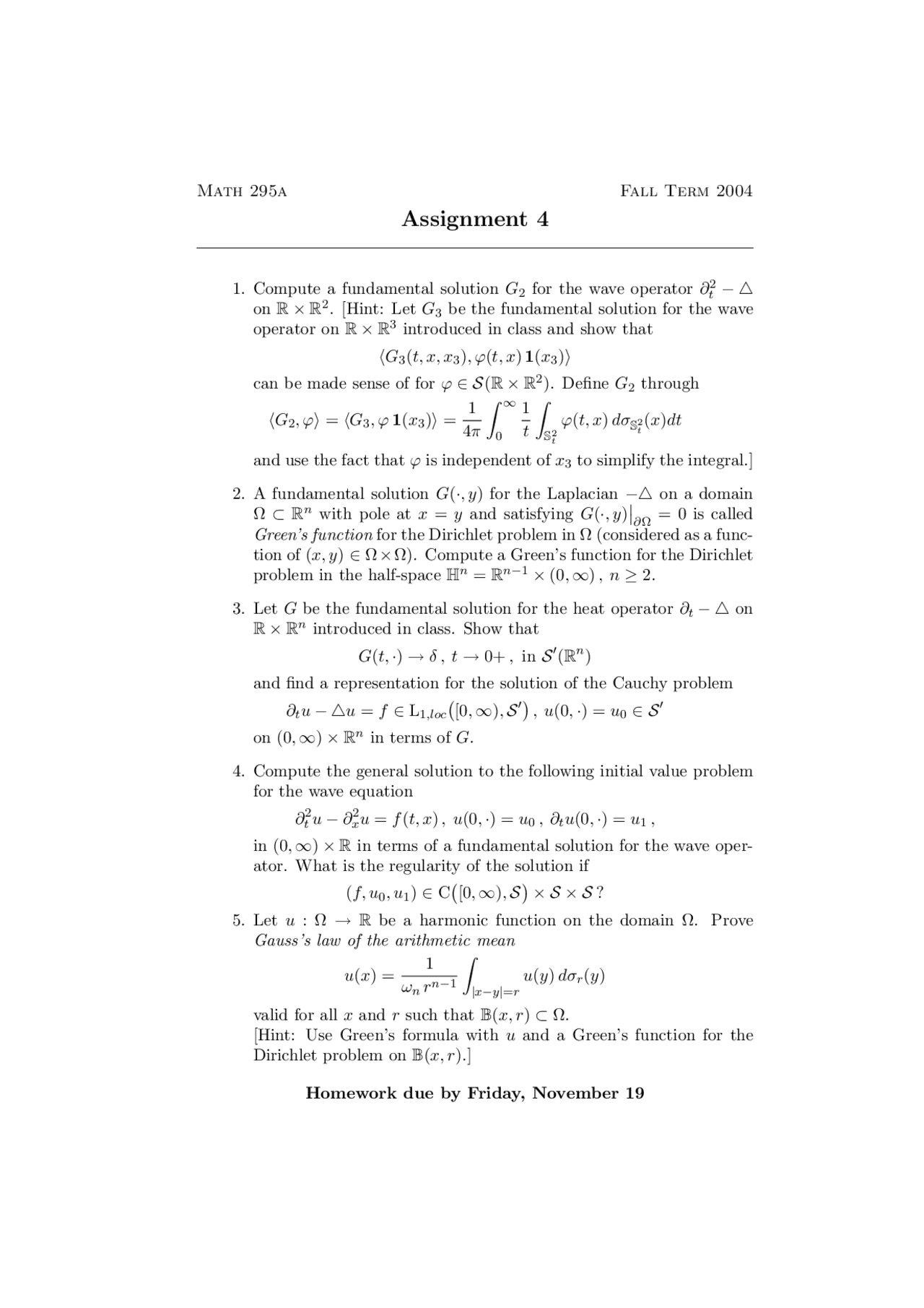 Partial Differential Equations Homework 5 Practice Math 295 Docsity