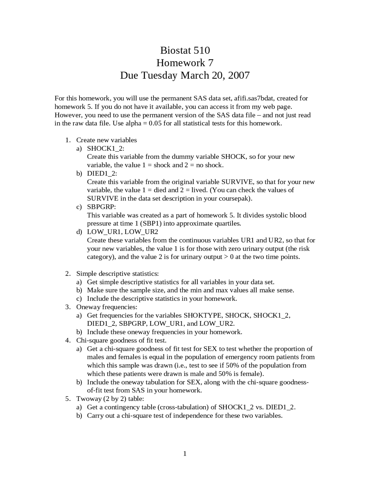 Questions On Statistical Computer Assignment Vii Biostat 510 Docsity