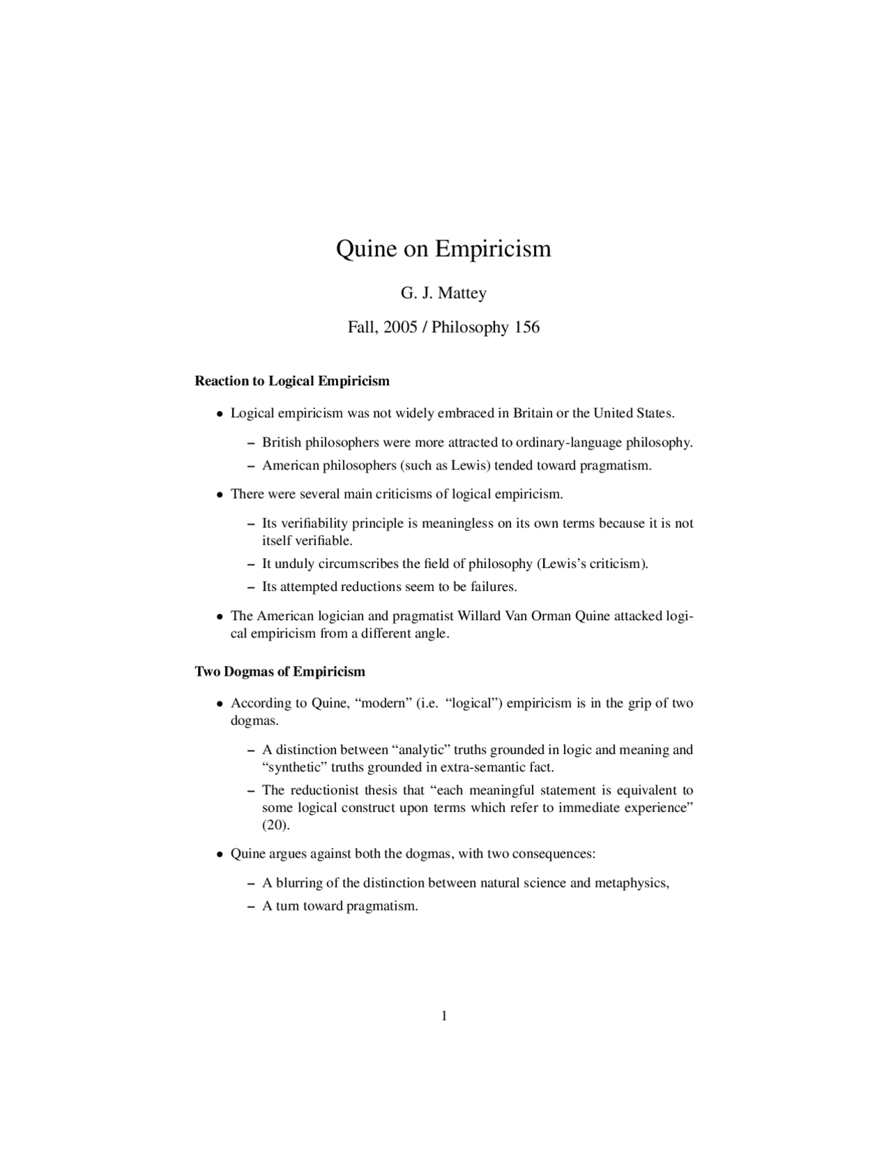 Quine On Empiricism Hellenistic Philosophy Phi 143 Docsity