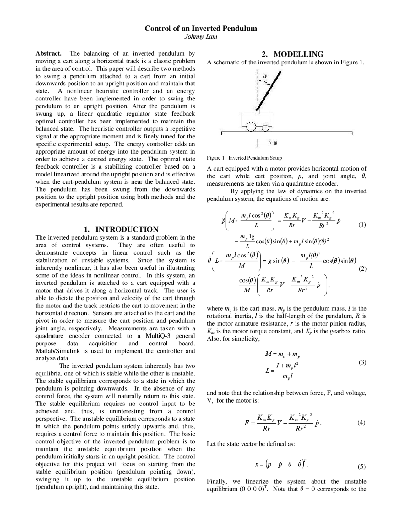 Control Of An Inverted Pendulum Research Paper Ece 147b Docsity