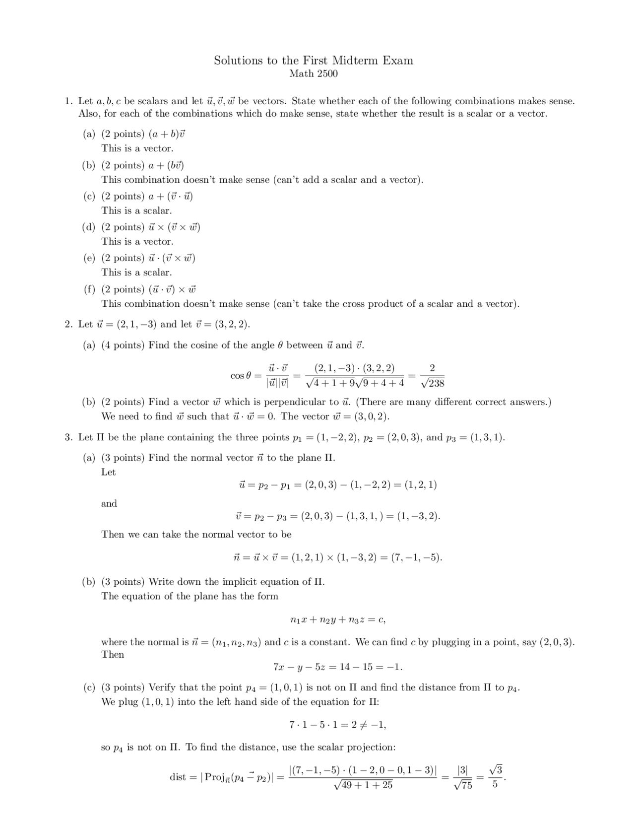Solutions To Midterm Exam 1 For Multivariable Calculus Math 2500