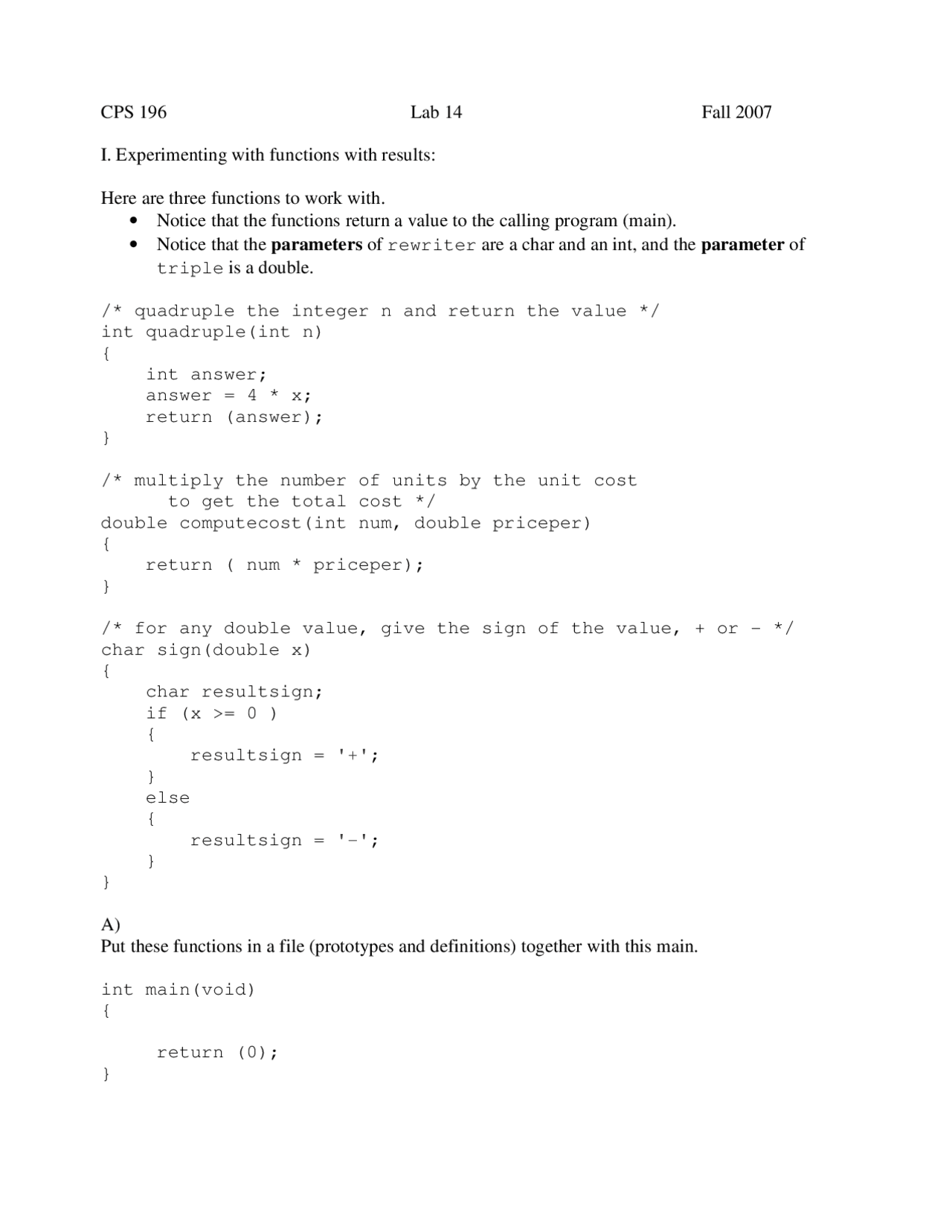 Lab 14 Experimenting Functions With Results Lecture Notes Cps 196 Docsity