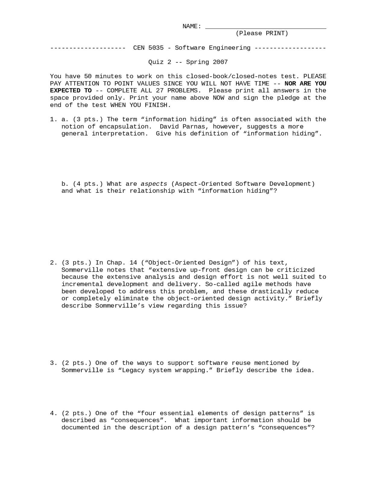 Quiz 2 Questions For Software Engineering Cen 5035 Docsity