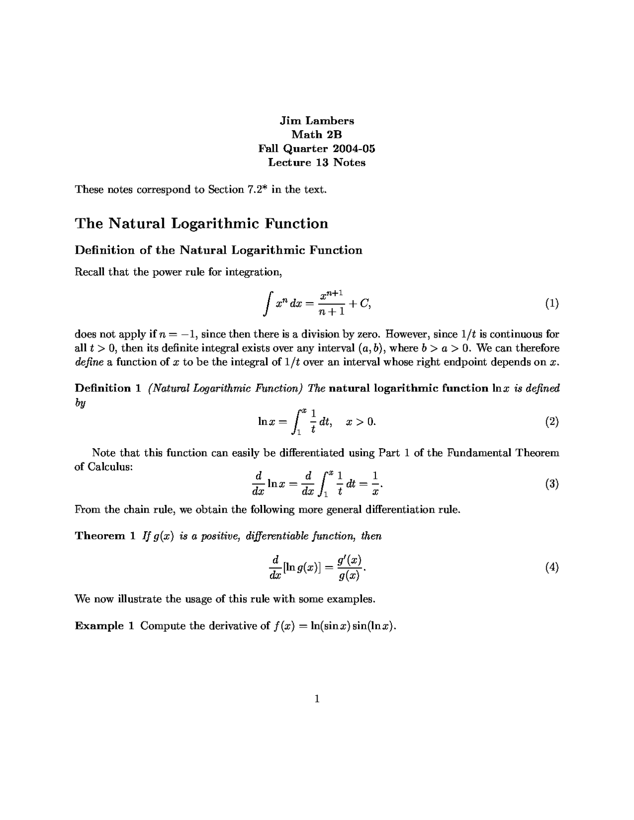 The Natural Logarithmic Function - Lecture Notes | Math 2B - Docsity