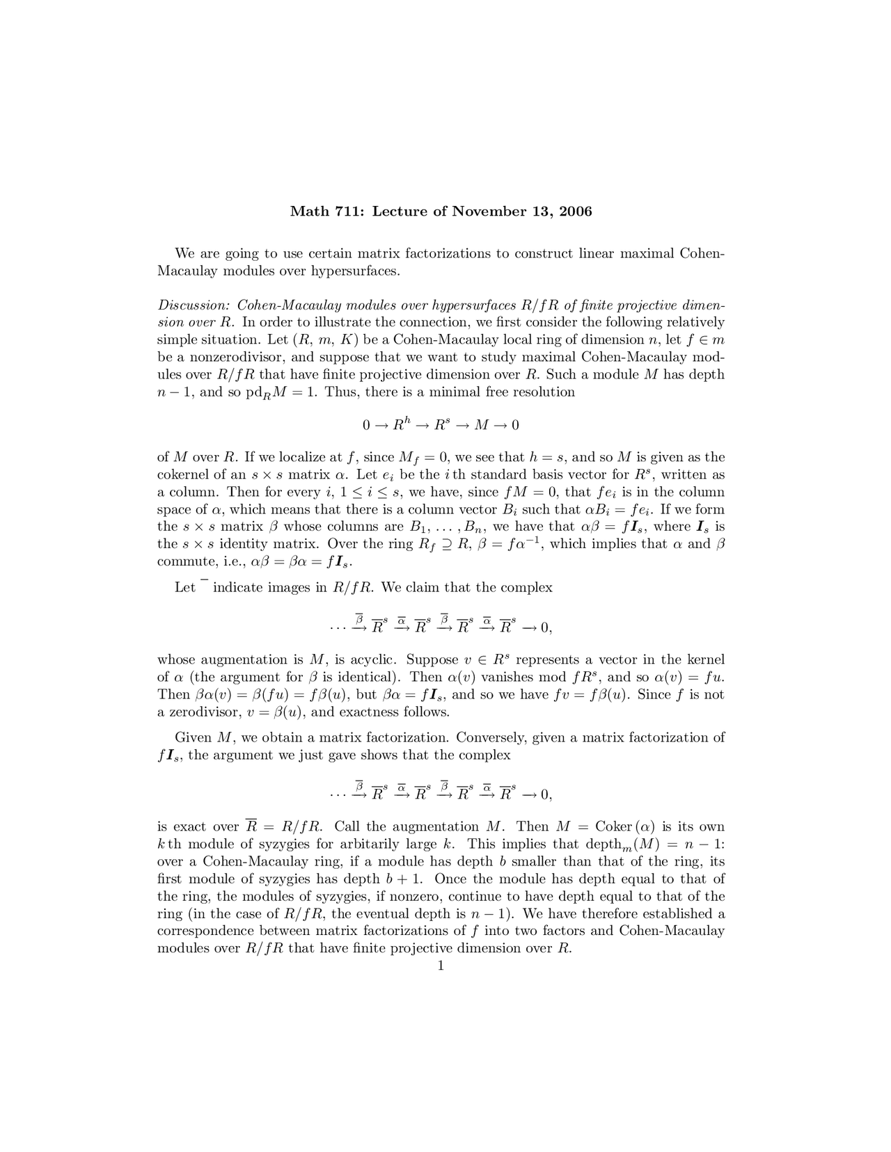 Cohen Macaulay Modules Over Hypersurfaces Advanced Algebra Math 711