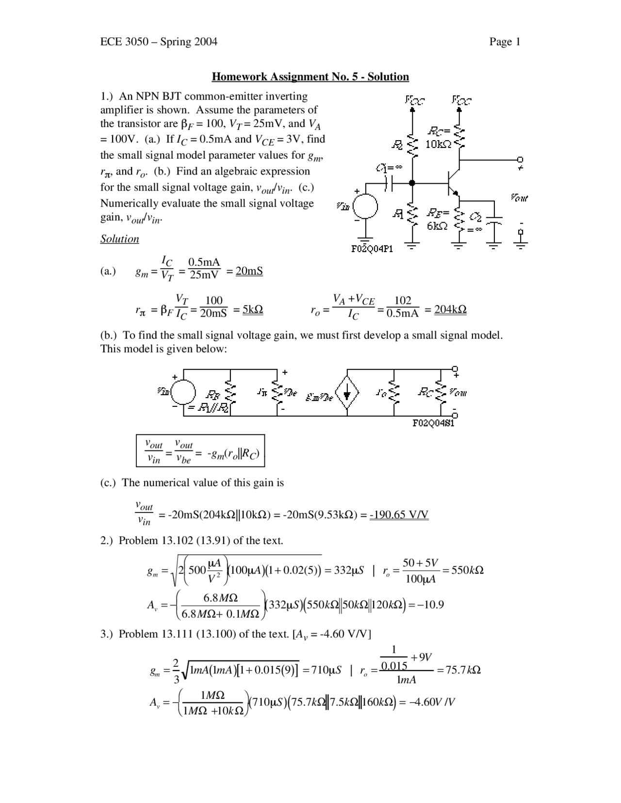 5 Solved Problems On The Analog Electronics Homework Ece 3050 Docsity