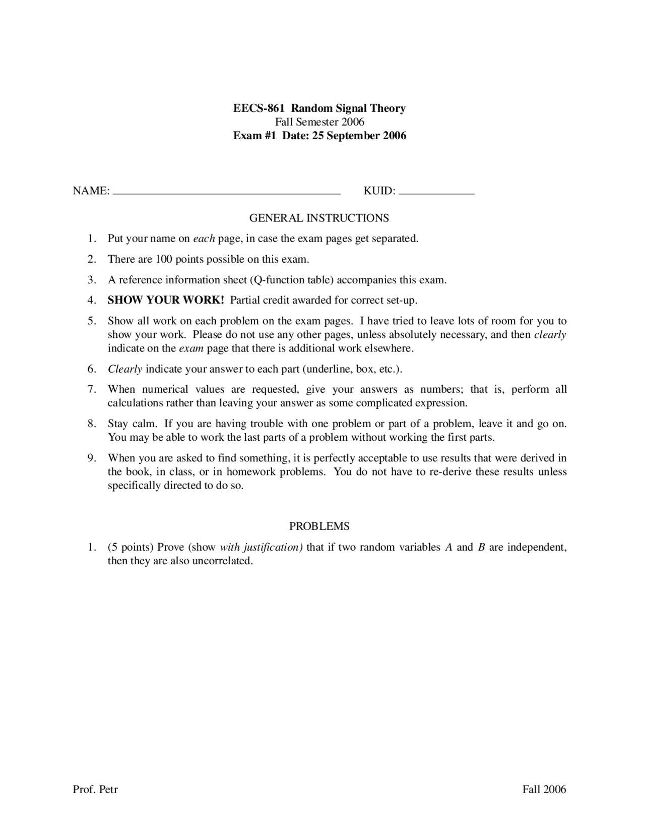 Random Signals Theory And Noise Exam 1 Eecs 861 Docsity