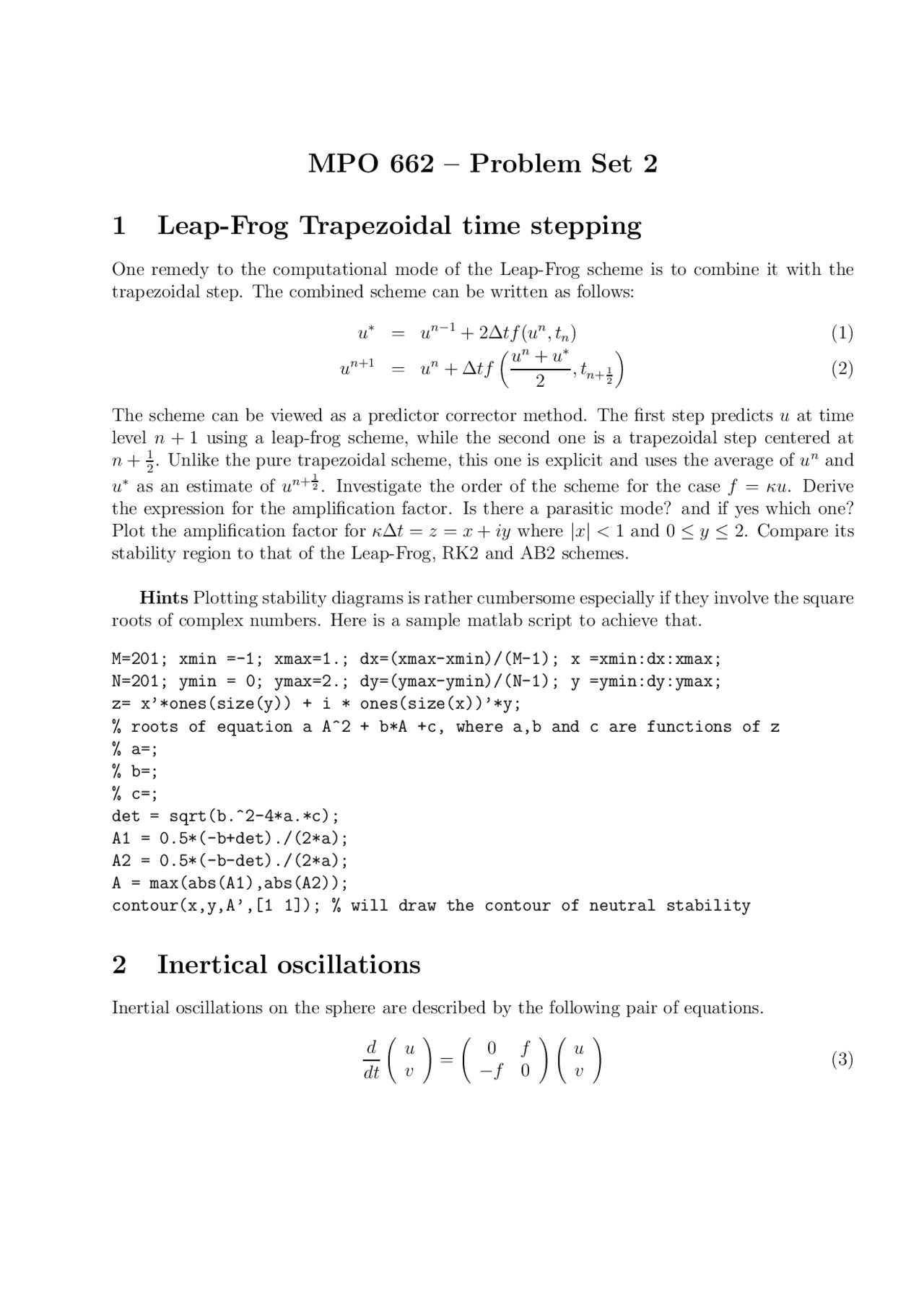 Computer Modeling Fluid Dynamics Problem Set 2 Mpo 662 Docsity