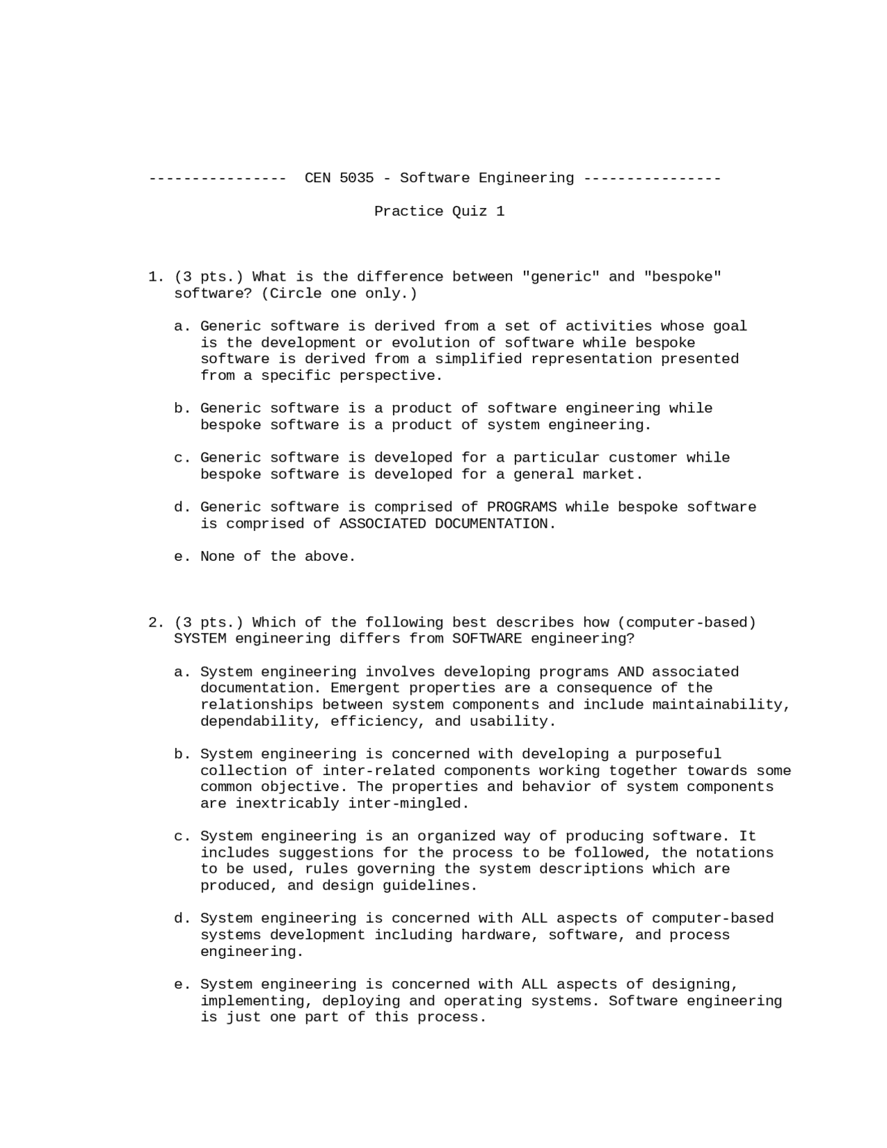 Software Engineering Practice Quiz 1 Cen 5035 Docsity