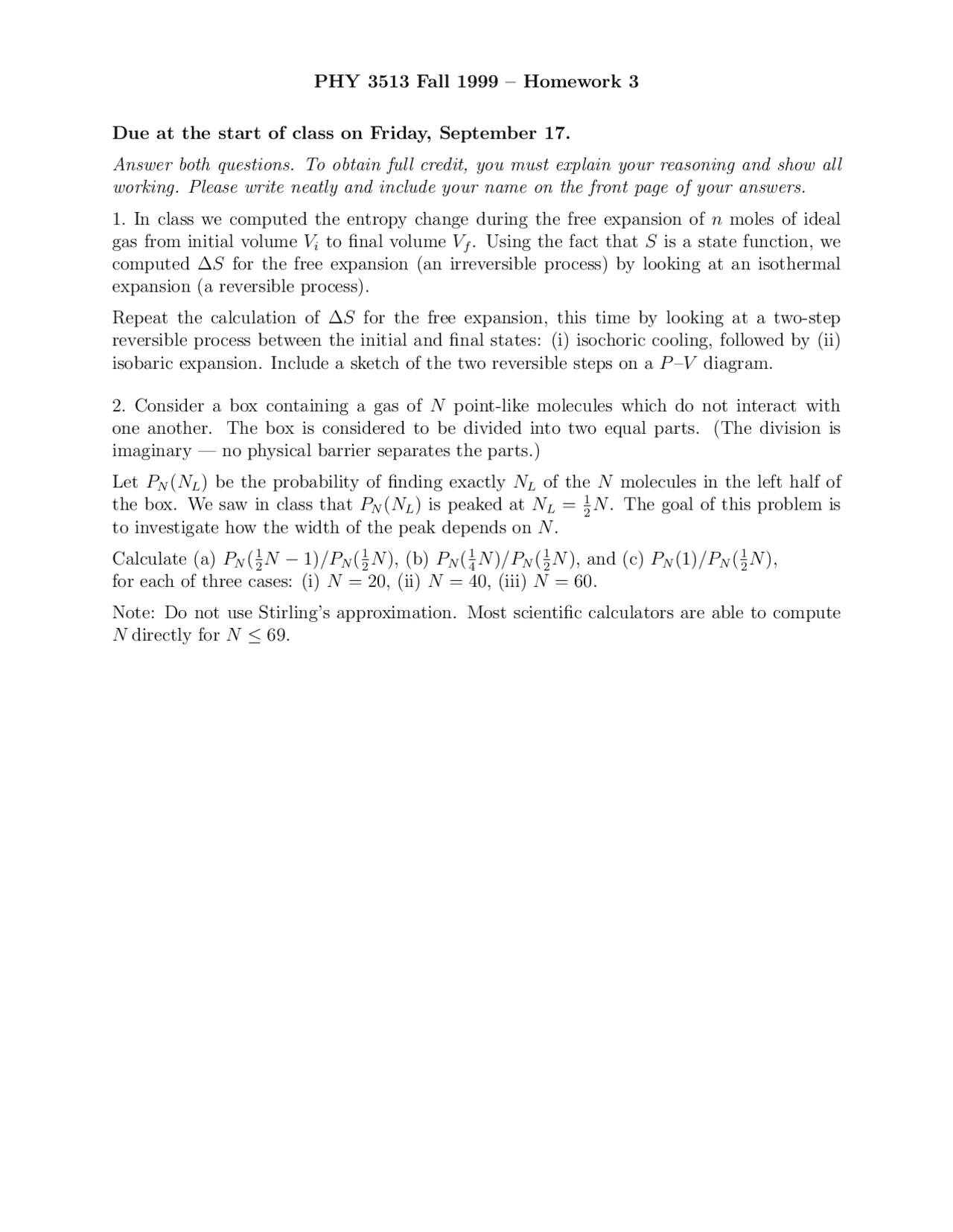 Homework 3 For Thermal Physics Phy 3513 Docsity