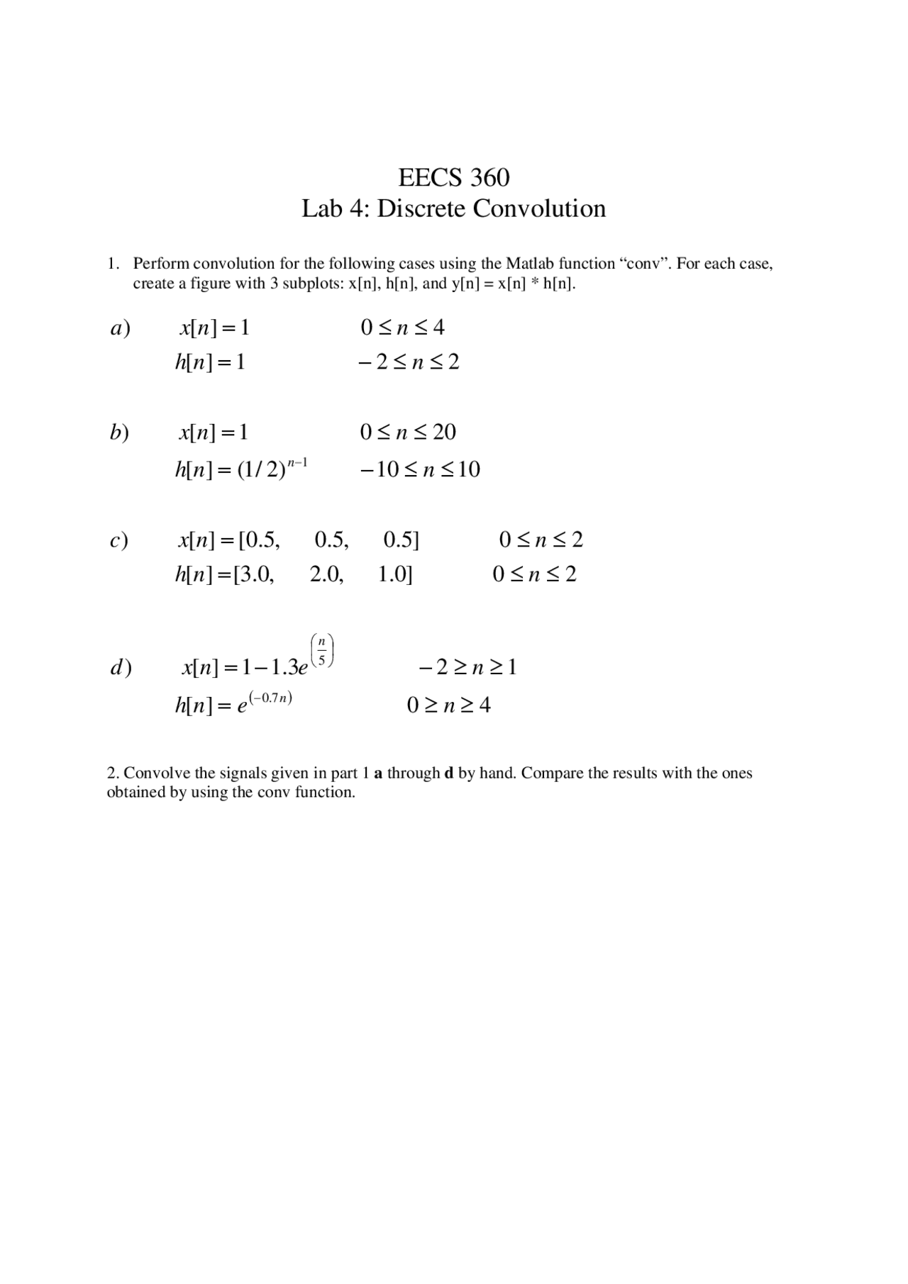 Discrete Convolution - Laboratory Report 4 | EECS 360 - Docsity