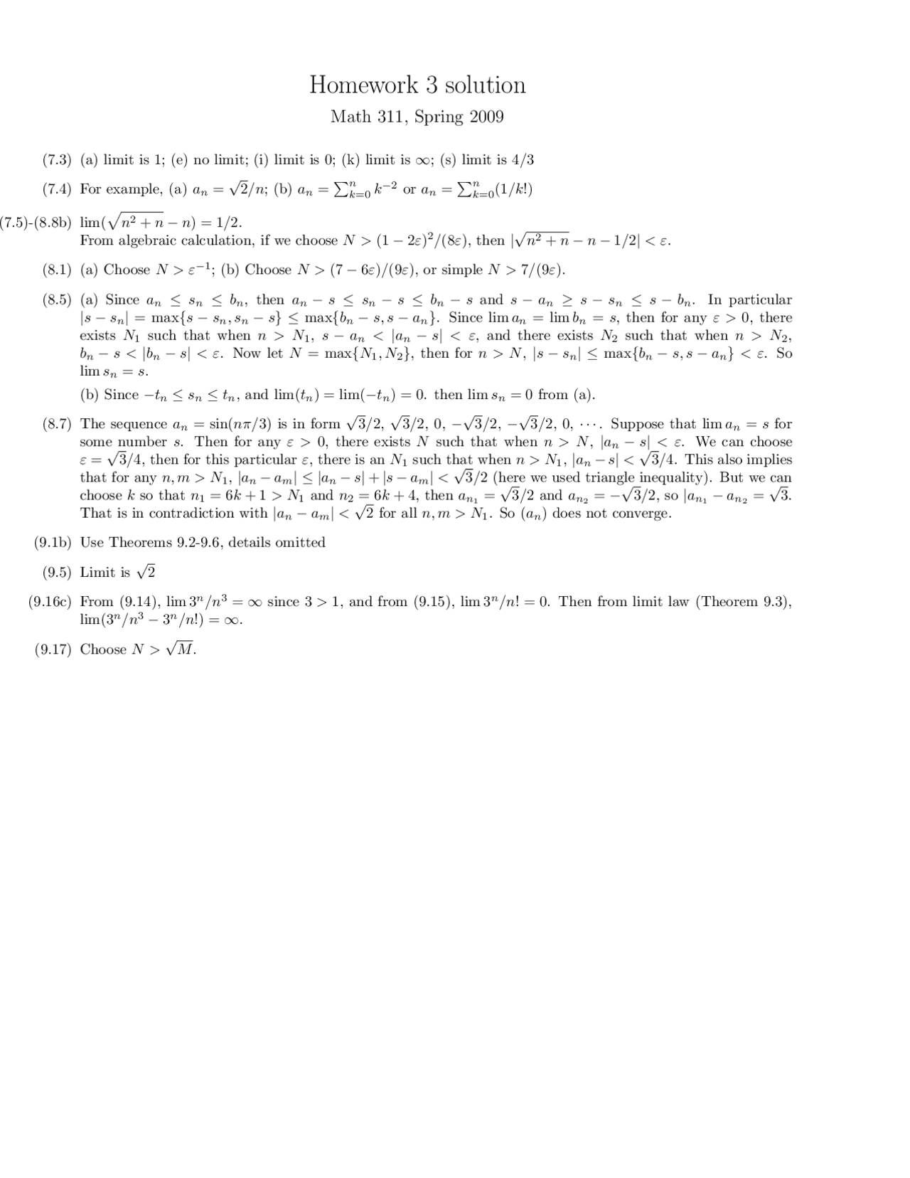Elementary Analysis Homework 3 With Solutions Math 311 Docsity
