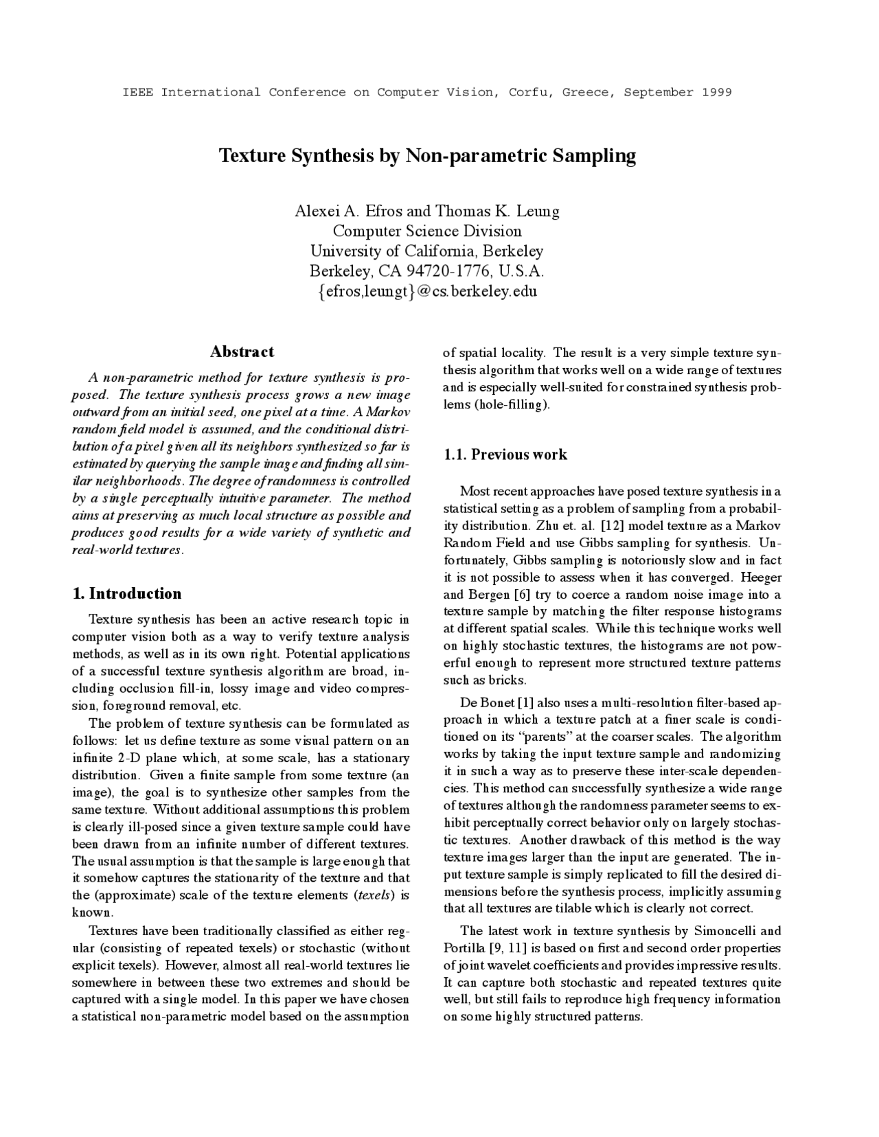 Texture Synthesis By Non Parametric Sampling Handout Eecs 841 Docsity 