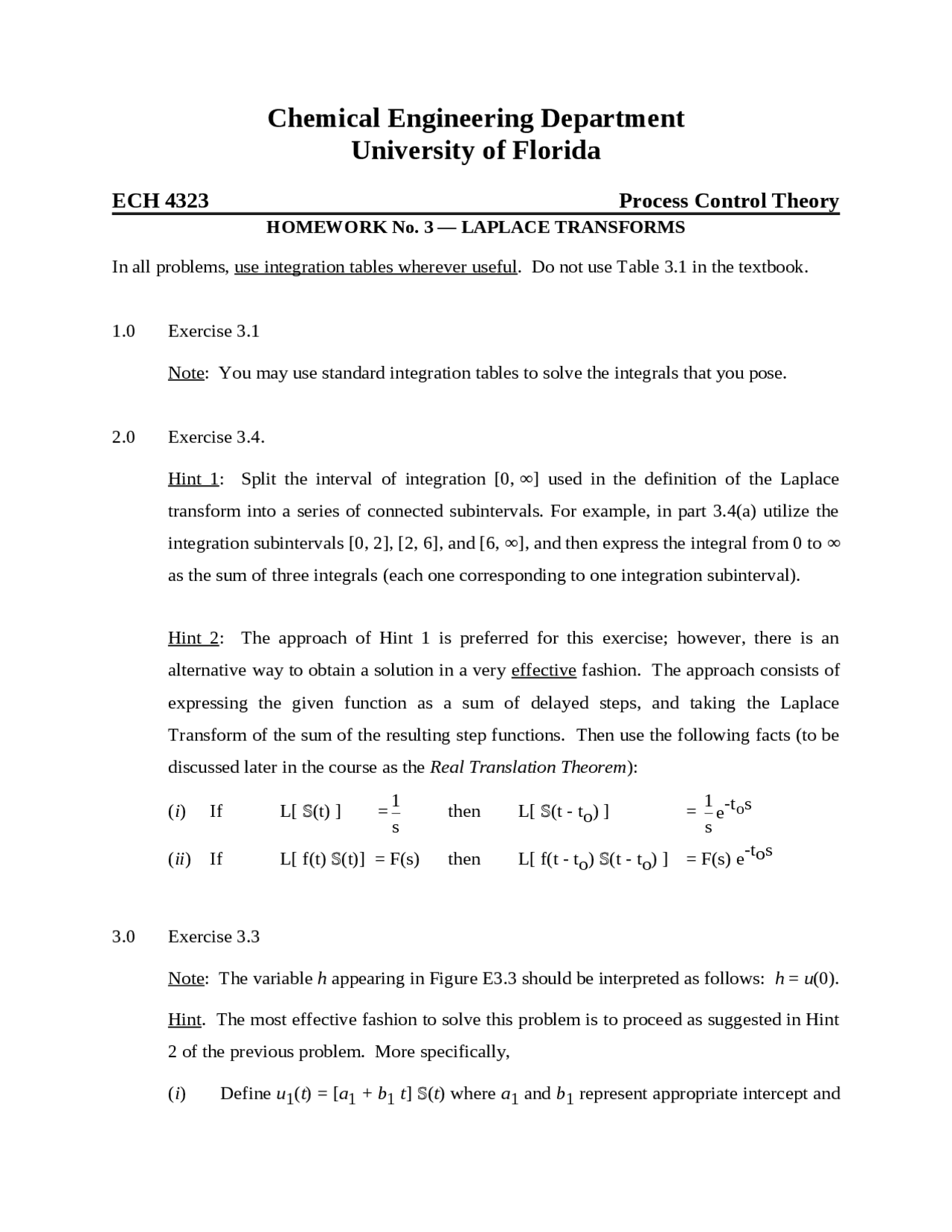Homework 3 - Laplace Transforms | ECH 4323 - Docsity