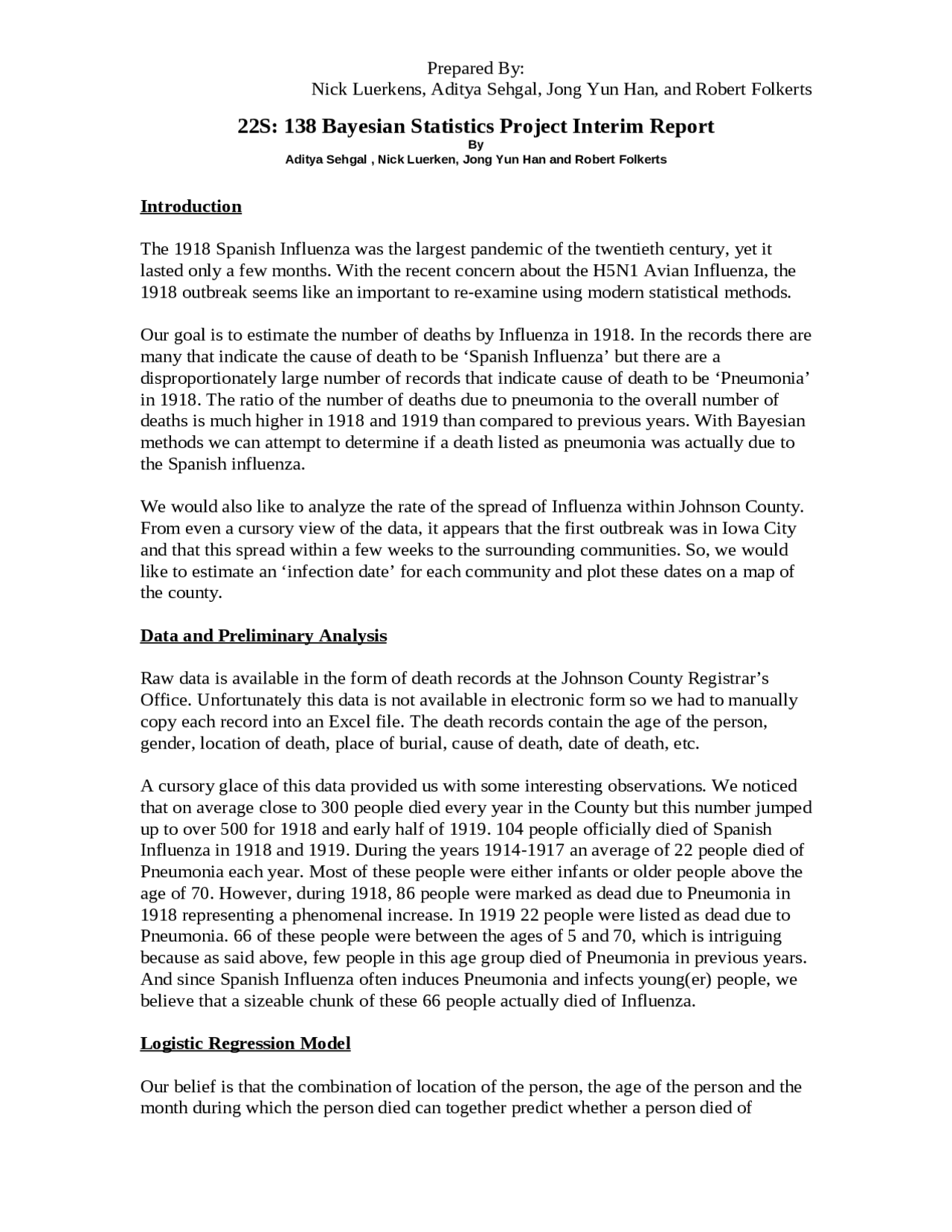 Project Report Bayesian Statistics Project Interim Report 22s 138