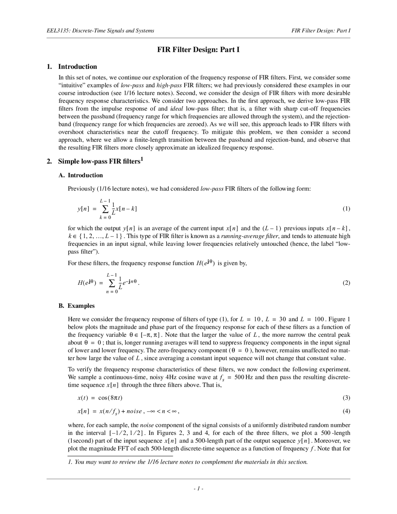 FIR Filter Design - Discrete Time Signals and Systems | EEL 3135 - Docsity