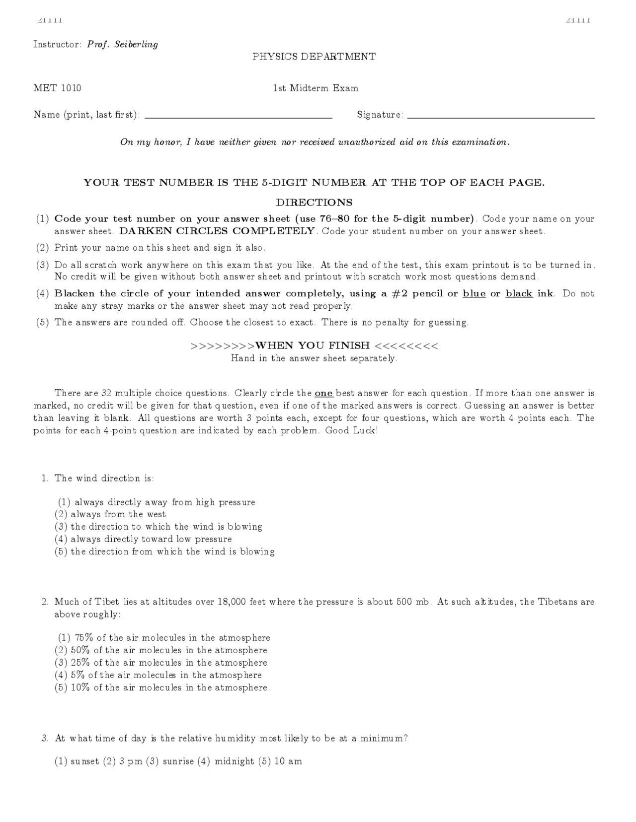 32 Multiple Choice Questions Of Introduction To Weather Midterm Met