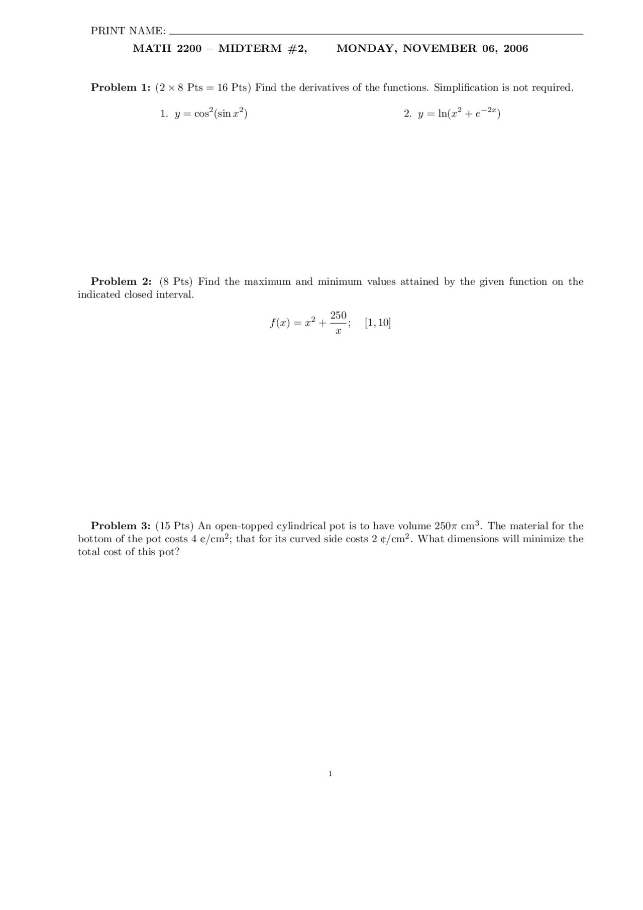 Midterm Exam 2 - Analytic Geometry and Calculus | MATH 2200 | Exams Analytical Geometry and ...