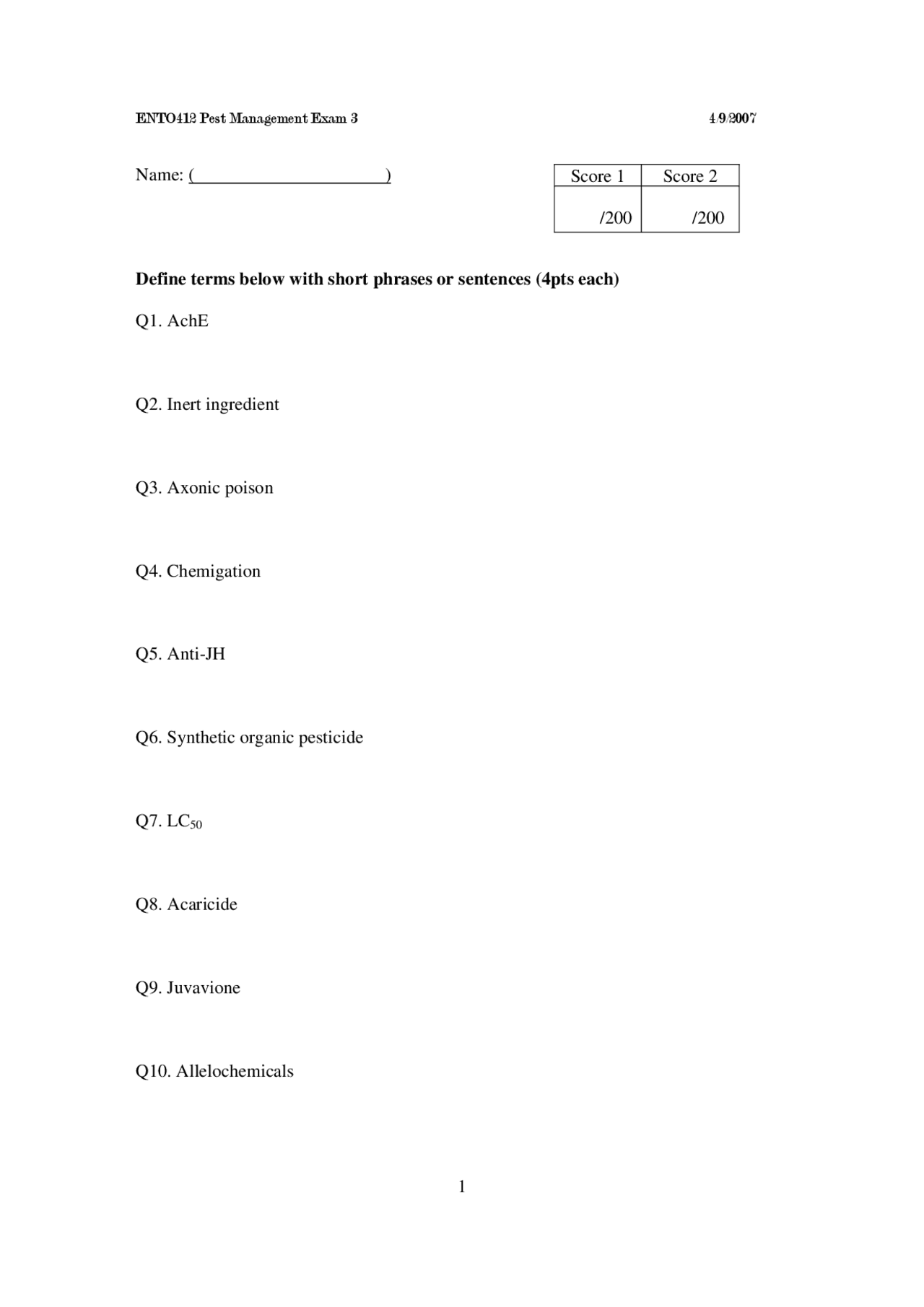 Pest Management Exam 3 Questions Ento 412 Docsity