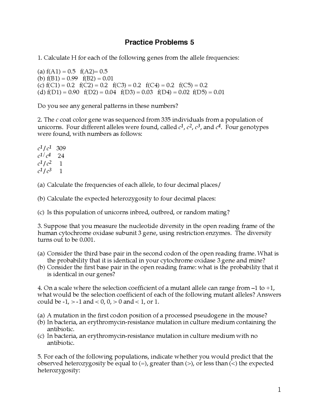 Practice Problems 5 On Genetics Ecol 320 Docsity