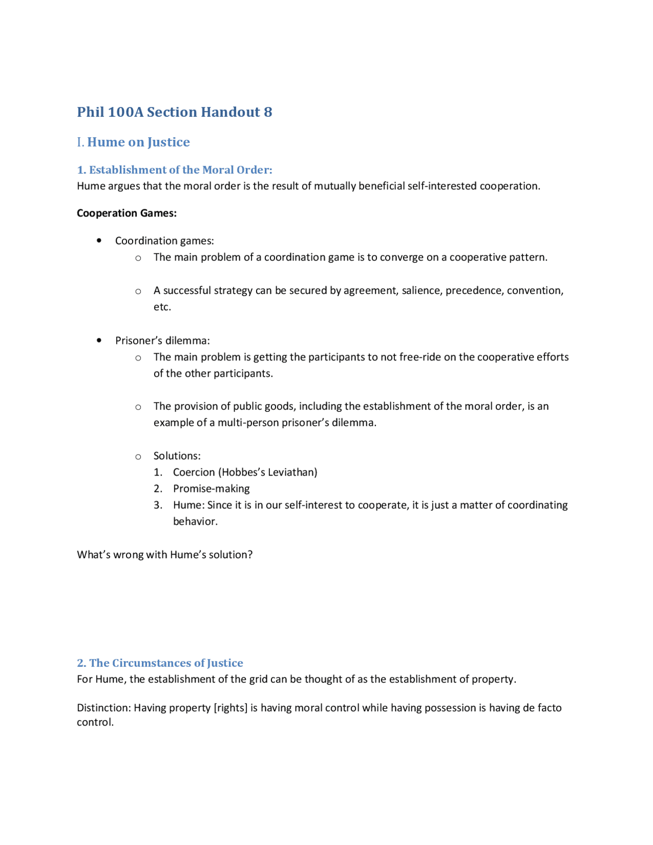 Hume On Justice Lecture Notes Phil 100a Docsity