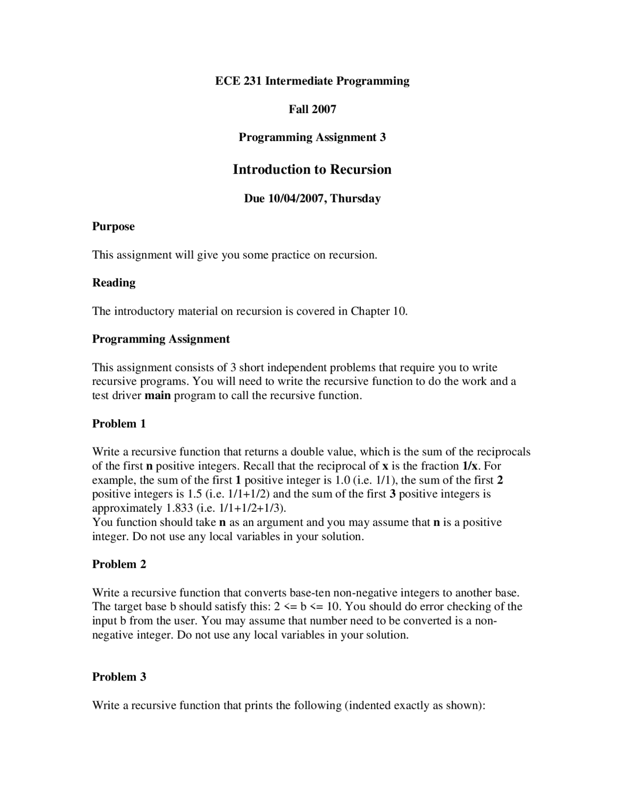 Introduction to Recursion - Programming Assignment 3 | ECE 231 - Docsity