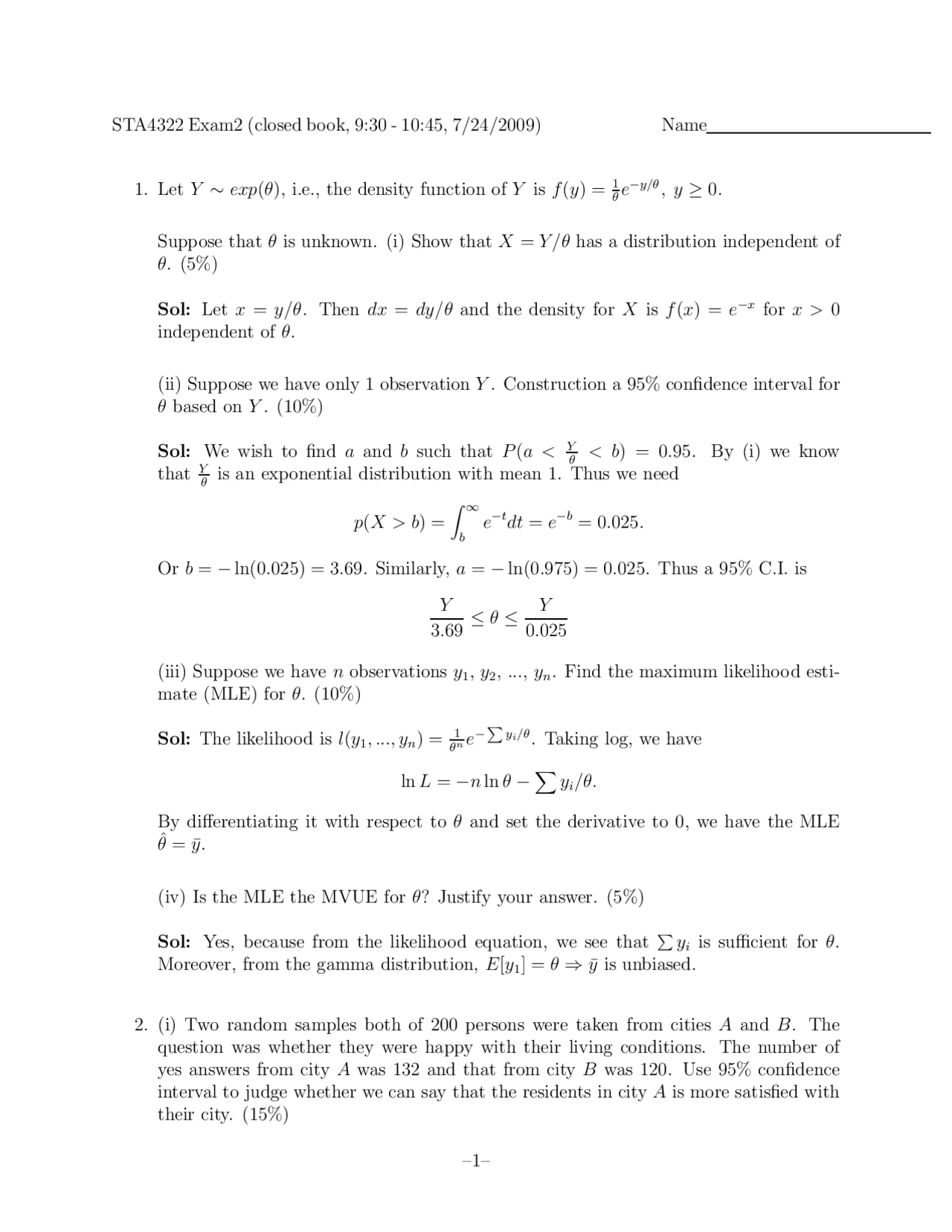 Exam 2 With Solution For Introduction Statistics Theory Sta 4322 Docsity