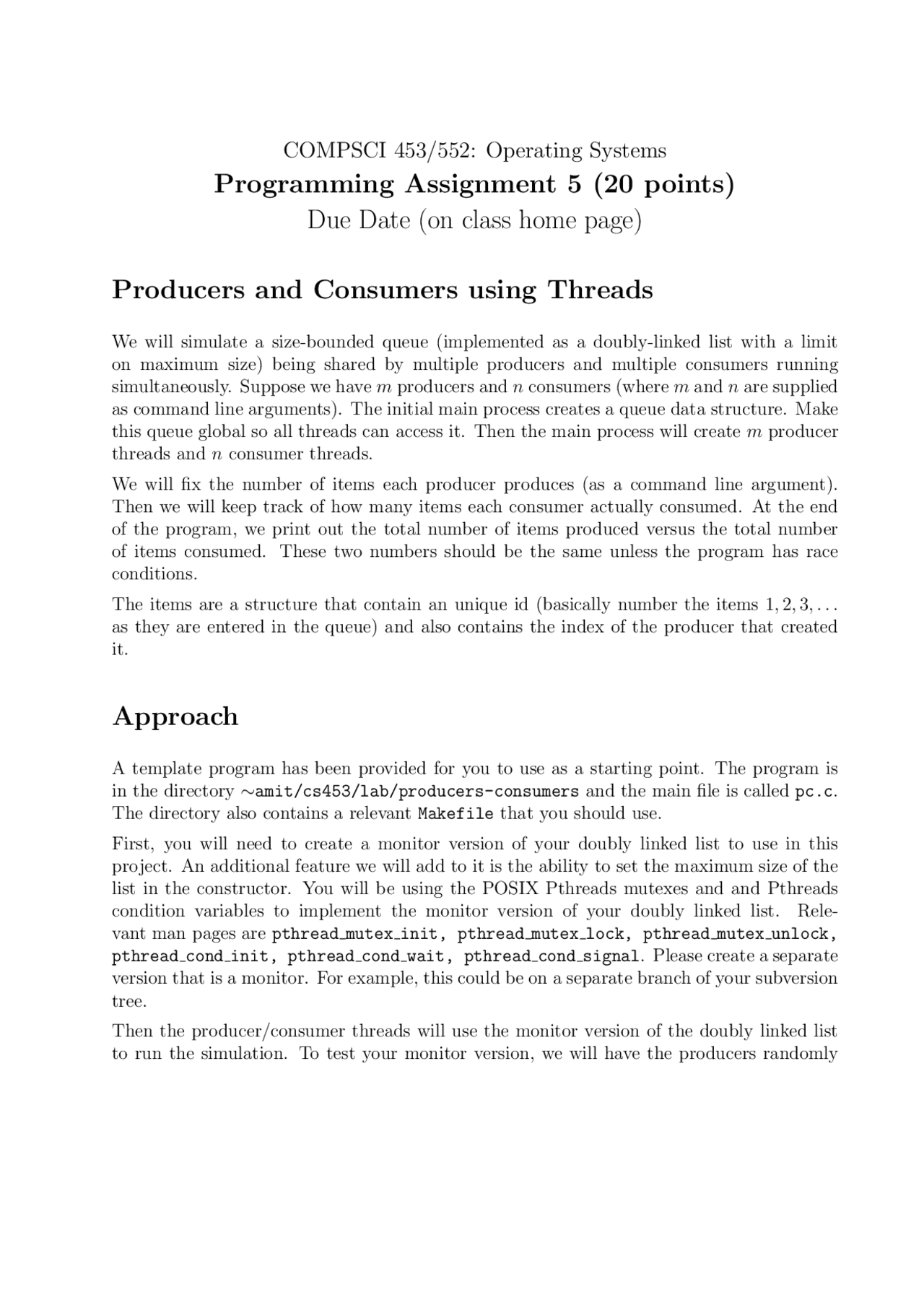 Programming Assignment 5 On Operating Systems Compsci 453 Docsity