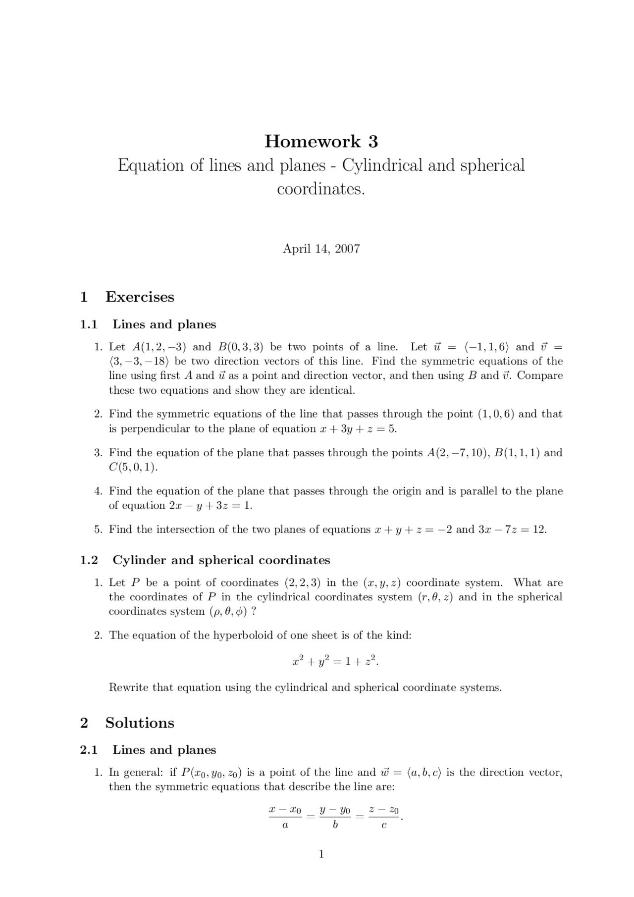 Equation Of Lines And Planes Cylindrical And Spherical Coordinates