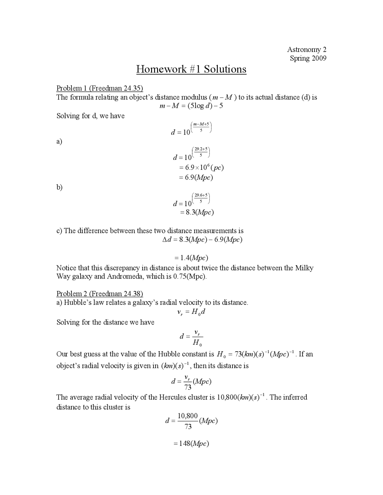 Homework 1 With Resolution History Of Universe Astro 2 Docsity