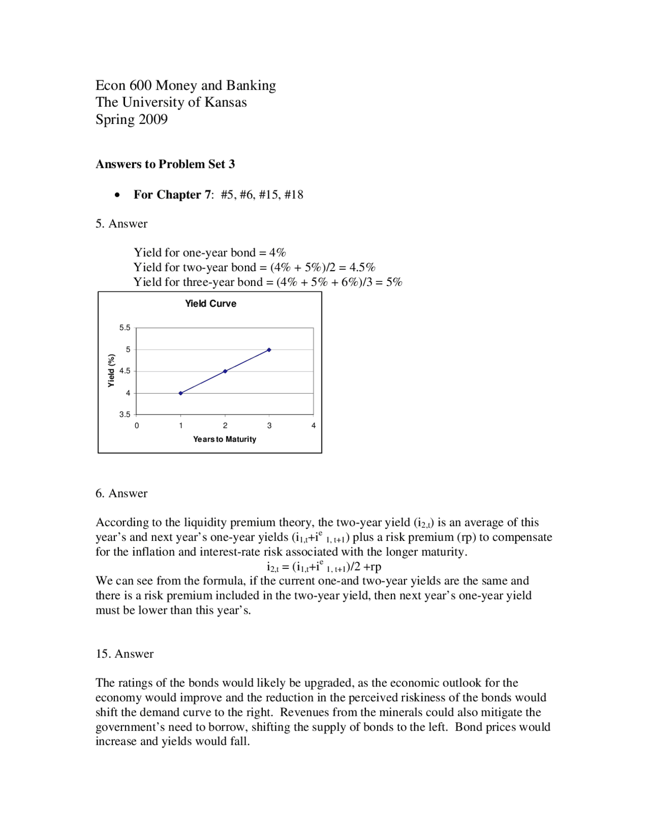 Answers for Problem Set 3 - Money and Banking | ECON 600 | Assignments Banking and Finance | Docsity