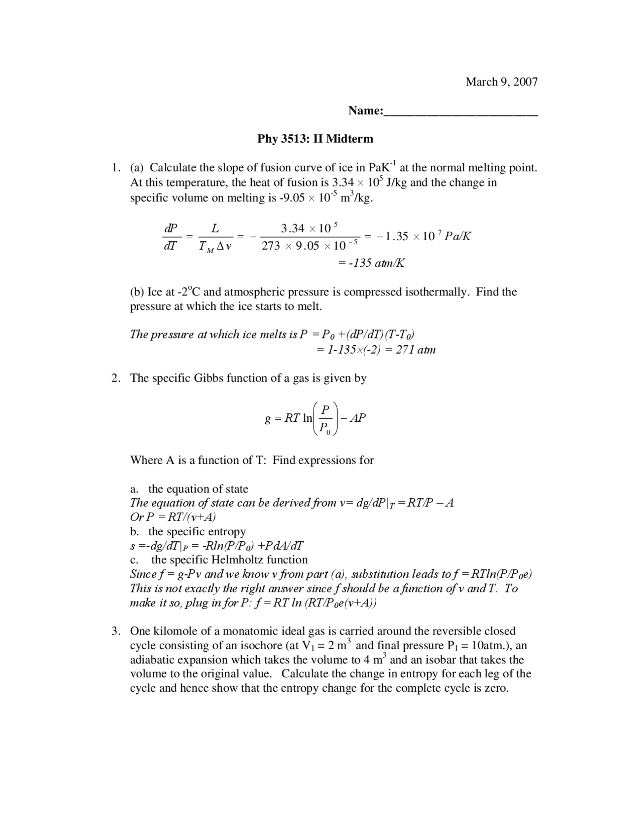 Midterm Exam Thermal Physics 2007 Phy 3513 Docsity