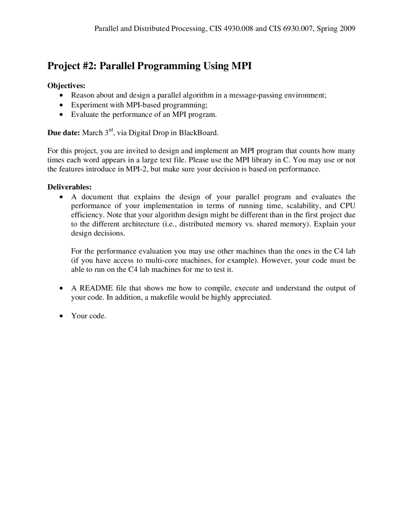 Parallel and Distributed Processing - Project 2 | CIS 4930 - Docsity