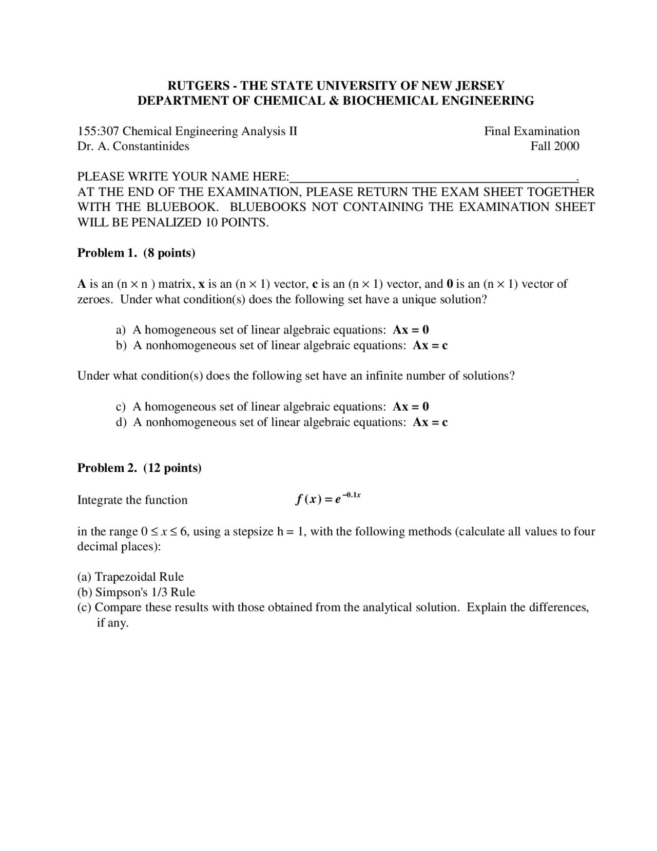Final Exam Chemical Engineering Analysis Ii Fall 2000 155 307