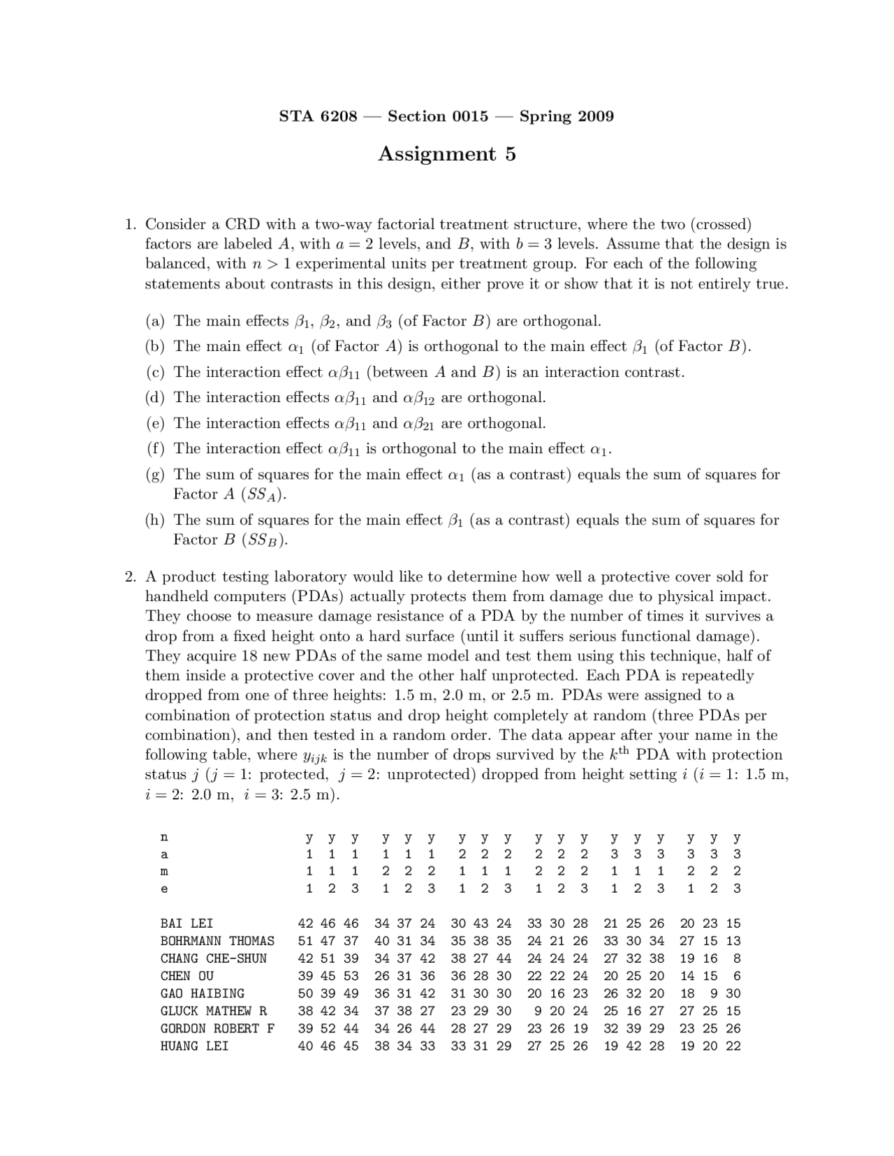 Assignment 5 Basic Design And Analysis Of Experiments Sta 6208