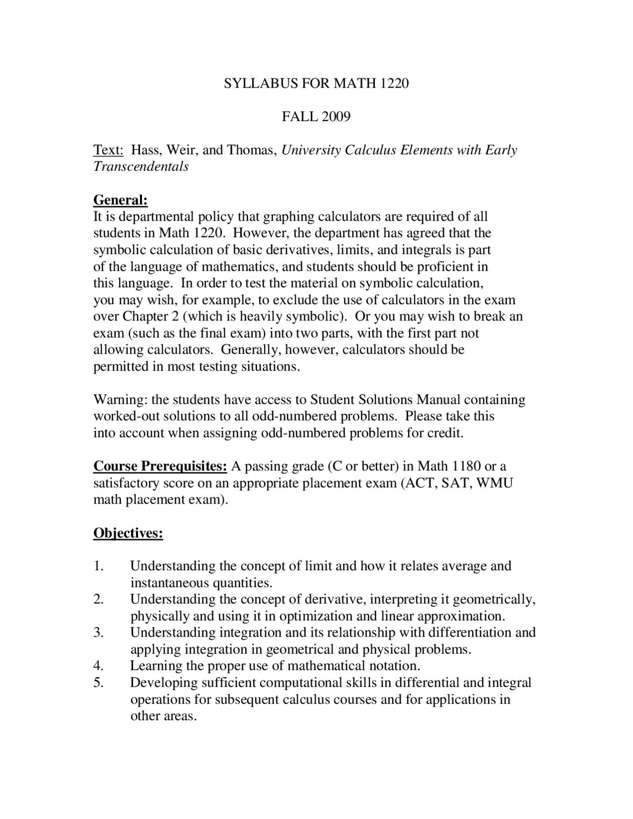 Syllabus Schedule For Calculus I Fall 2009 Math 1220 Docsity