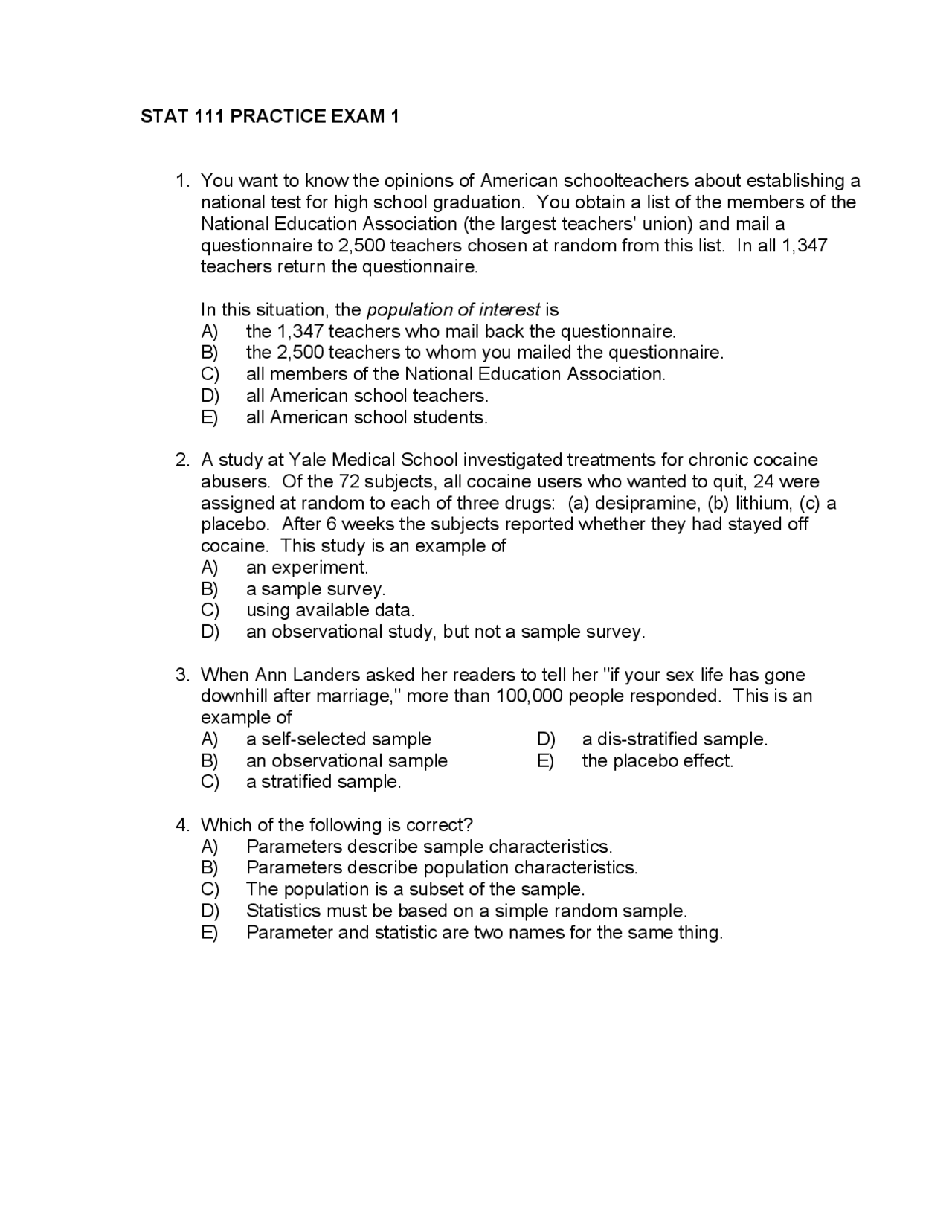 Practice Exam 1 Solutions Understanding Statistics Stat 111 Docsity